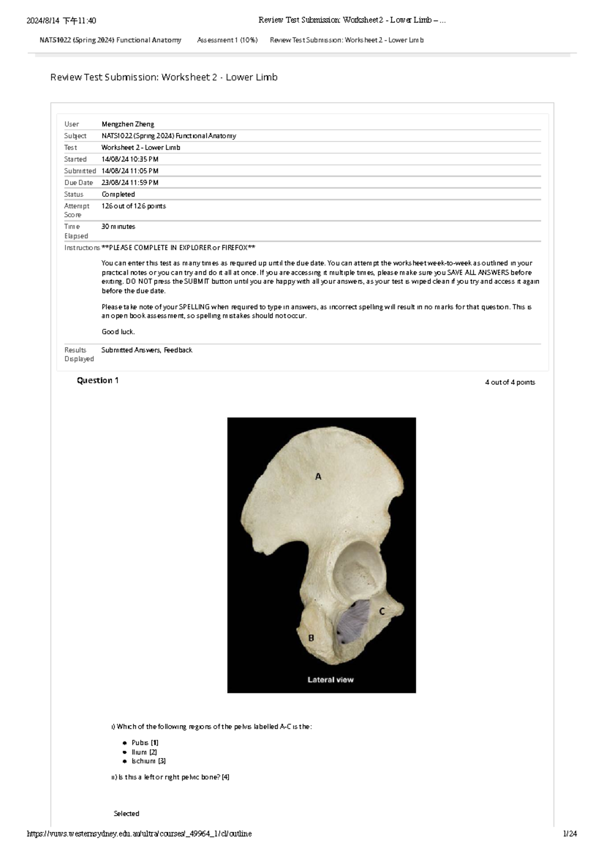 Worksheet 2 - Functional Anatomy - NATS1022 (Spring 2024) Functional ...