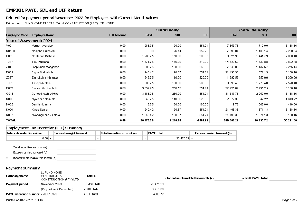 EMP201 - DCMNDSMND MSN - EMP201 PAYE, SDL and UIF Return Printed for ...