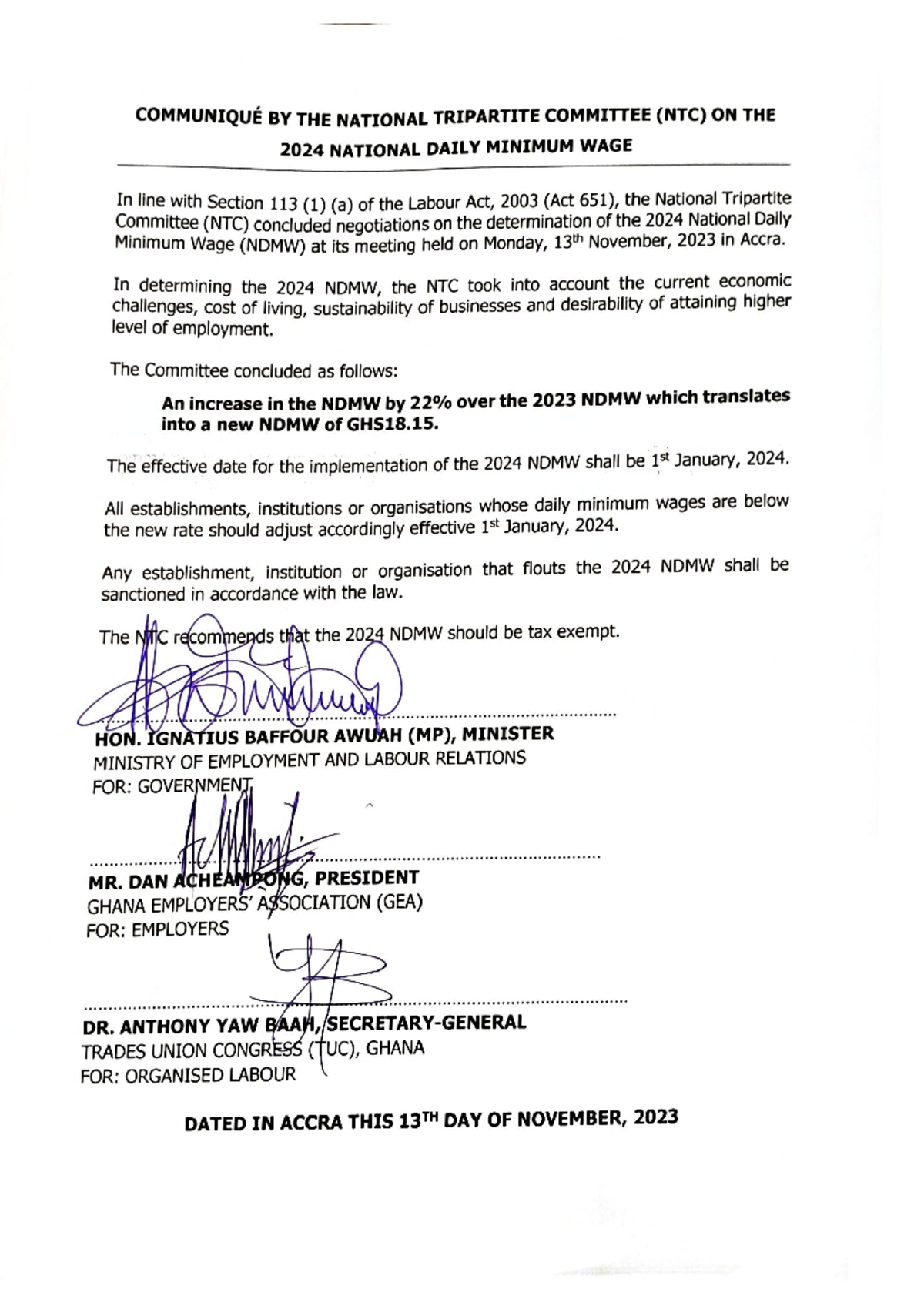 Communique BY THE National Tripartite Committee (NTC) ON THE 2024 ...