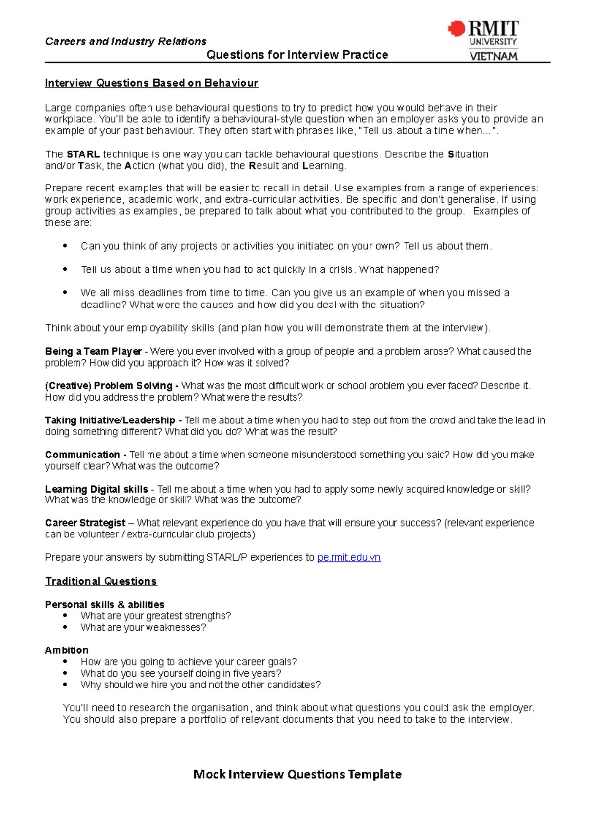 Mock Interview Questions - Careers and Industry Relations Questions for ...