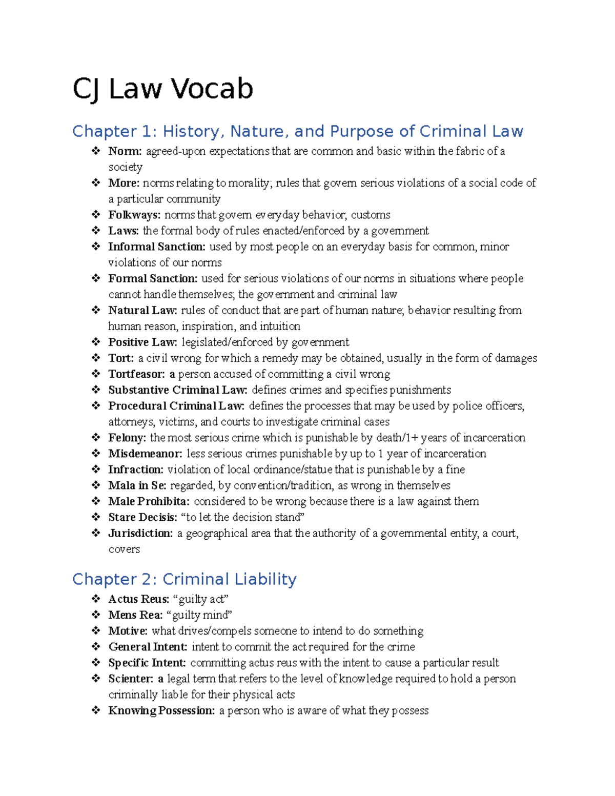 CJ Law Vocab - CJ Law Vocab Chapter 1: History, Nature, and Purpose of ...