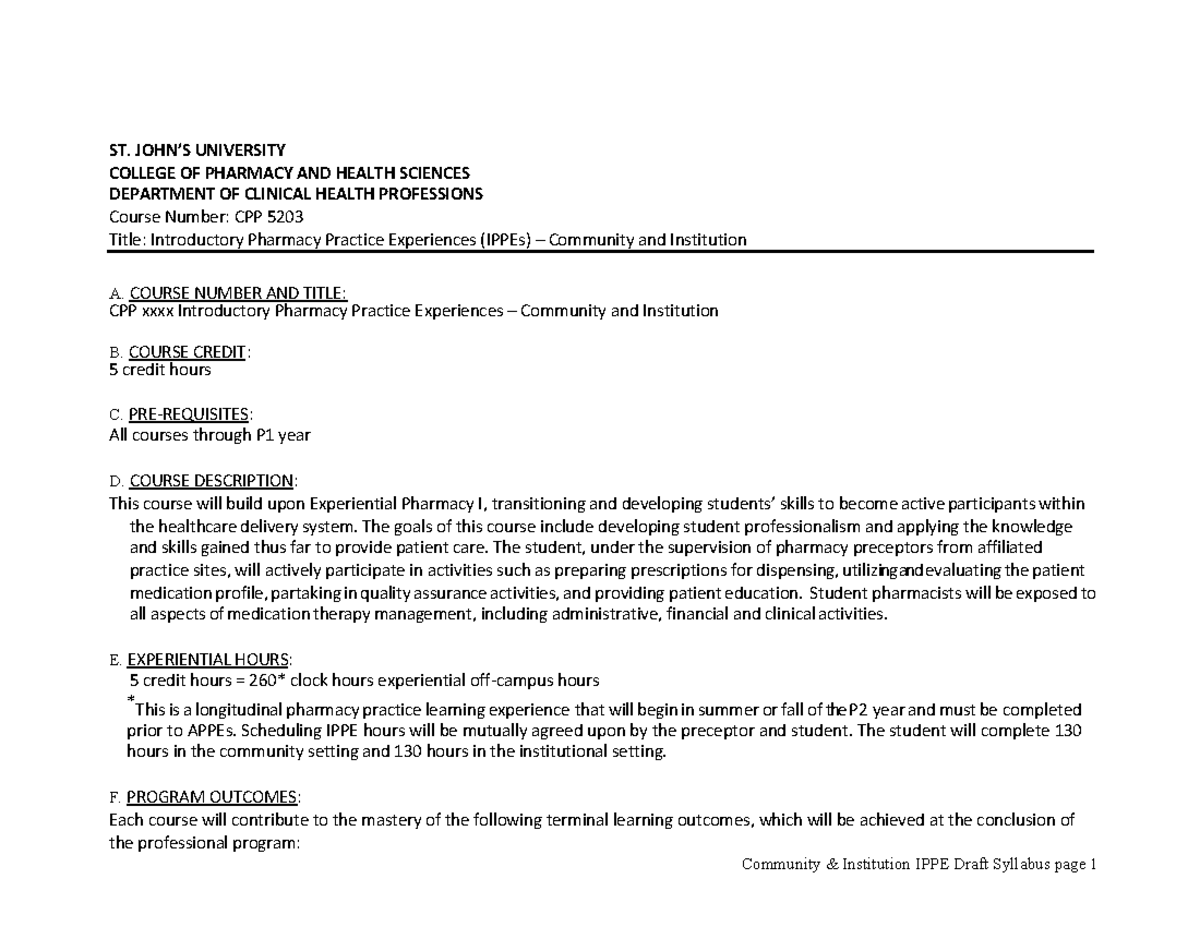 IPPE Institution - Gefggvffv - ST. JOHN’S UNIVERSITY COLLEGE OF PHARMACY AND HEALTH SCIENCES ...
