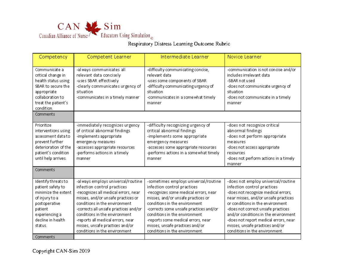 Respiratory Distress Learning Outcome Rubric - Copyright CAN-Sim 2019 ...