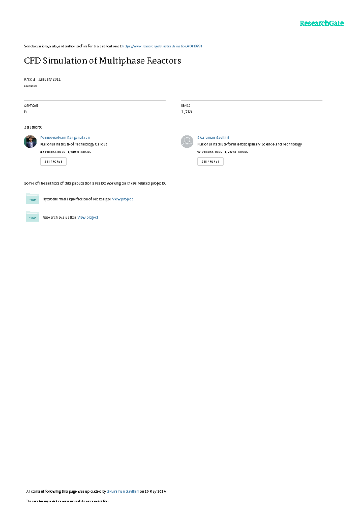 Cfd Simulation Of Multiphase Reactors See Discussions Stats And Author Profiles For This