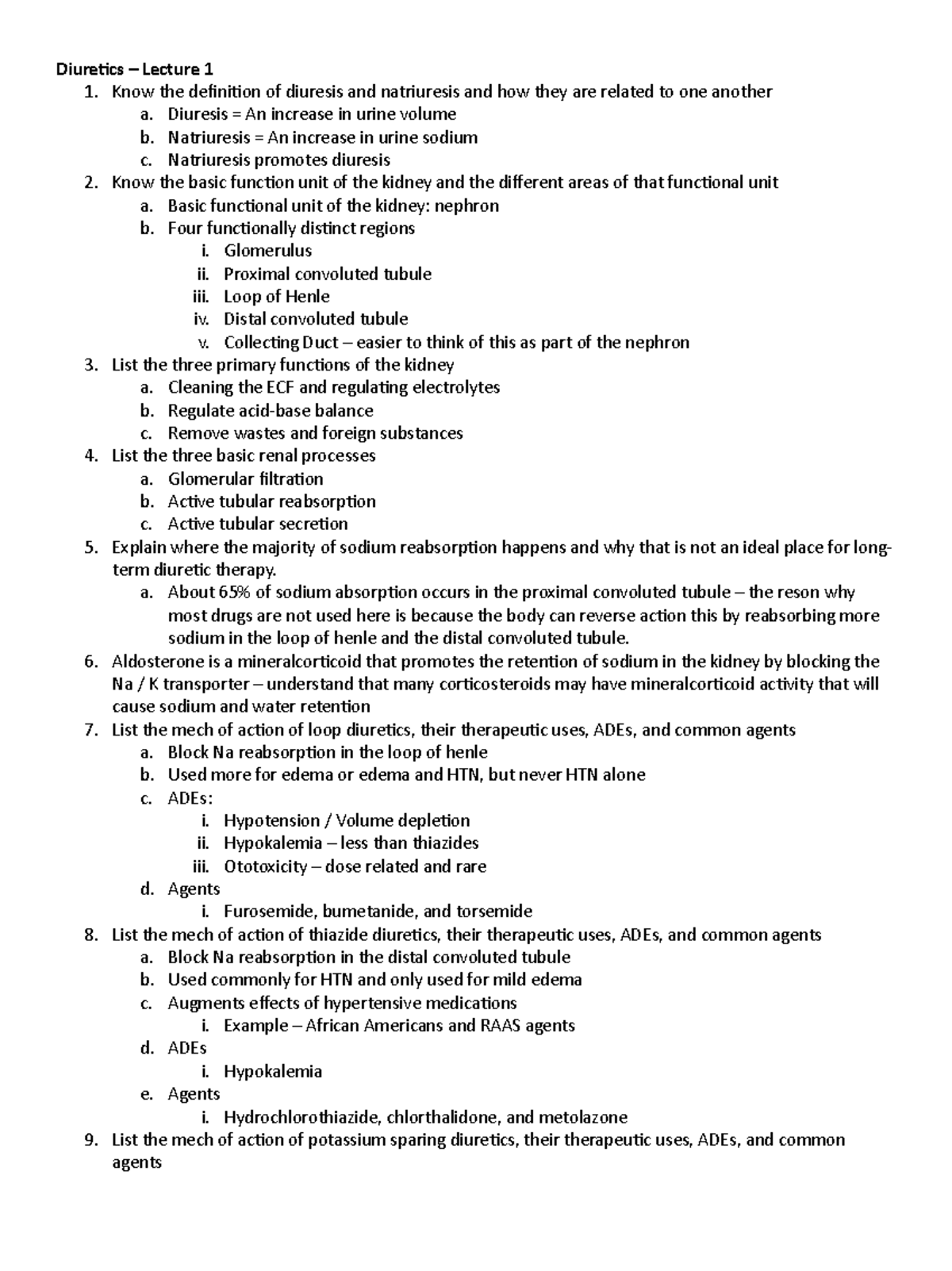 Diuretics, Lipids, Anticoagulants - Diuretics – Lecture 1 1. Know the ...