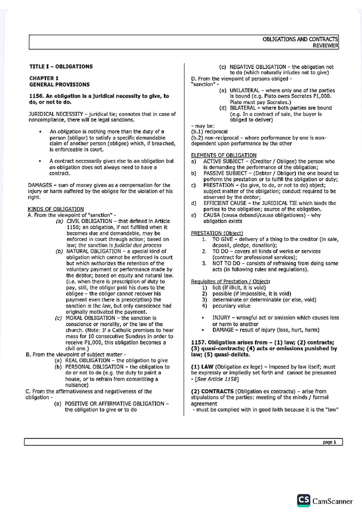 Article 1156-1260 Summary - OBLIGATIONS AND CONTRACTS REVIEWER TITLE I ...