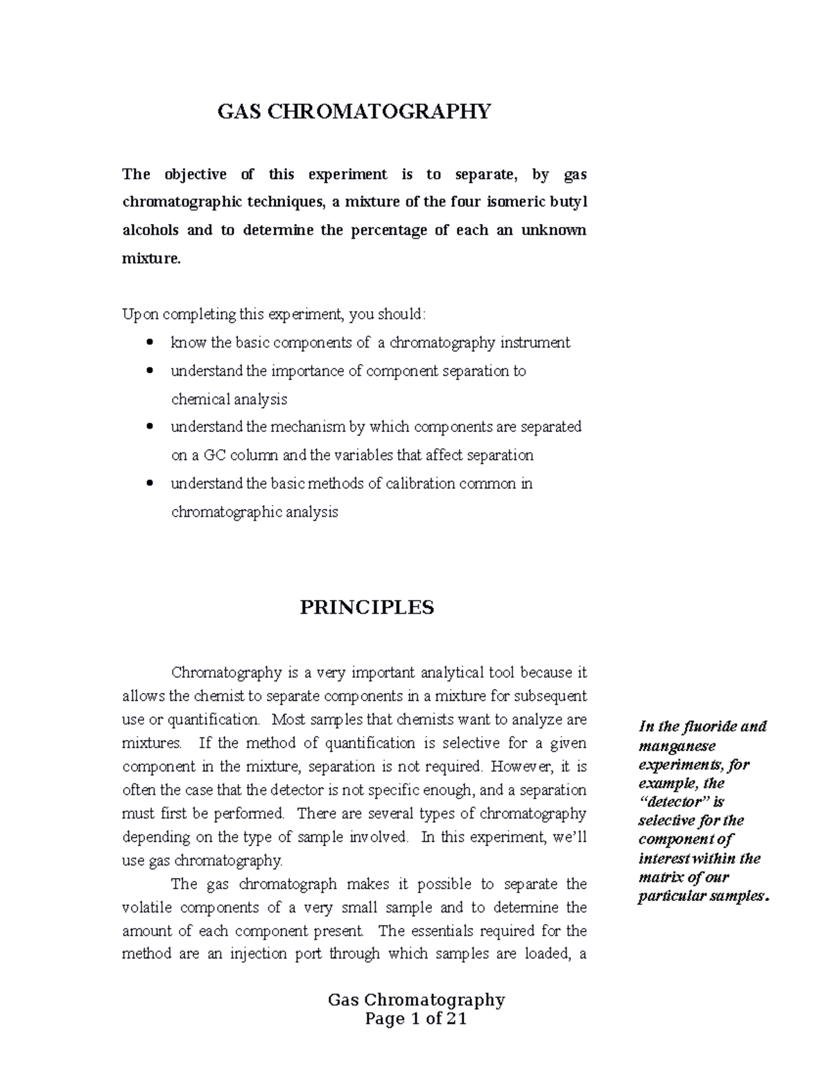 Gaschrom - GAS CHROMATOGRAPHY The objective of this experiment is to ...