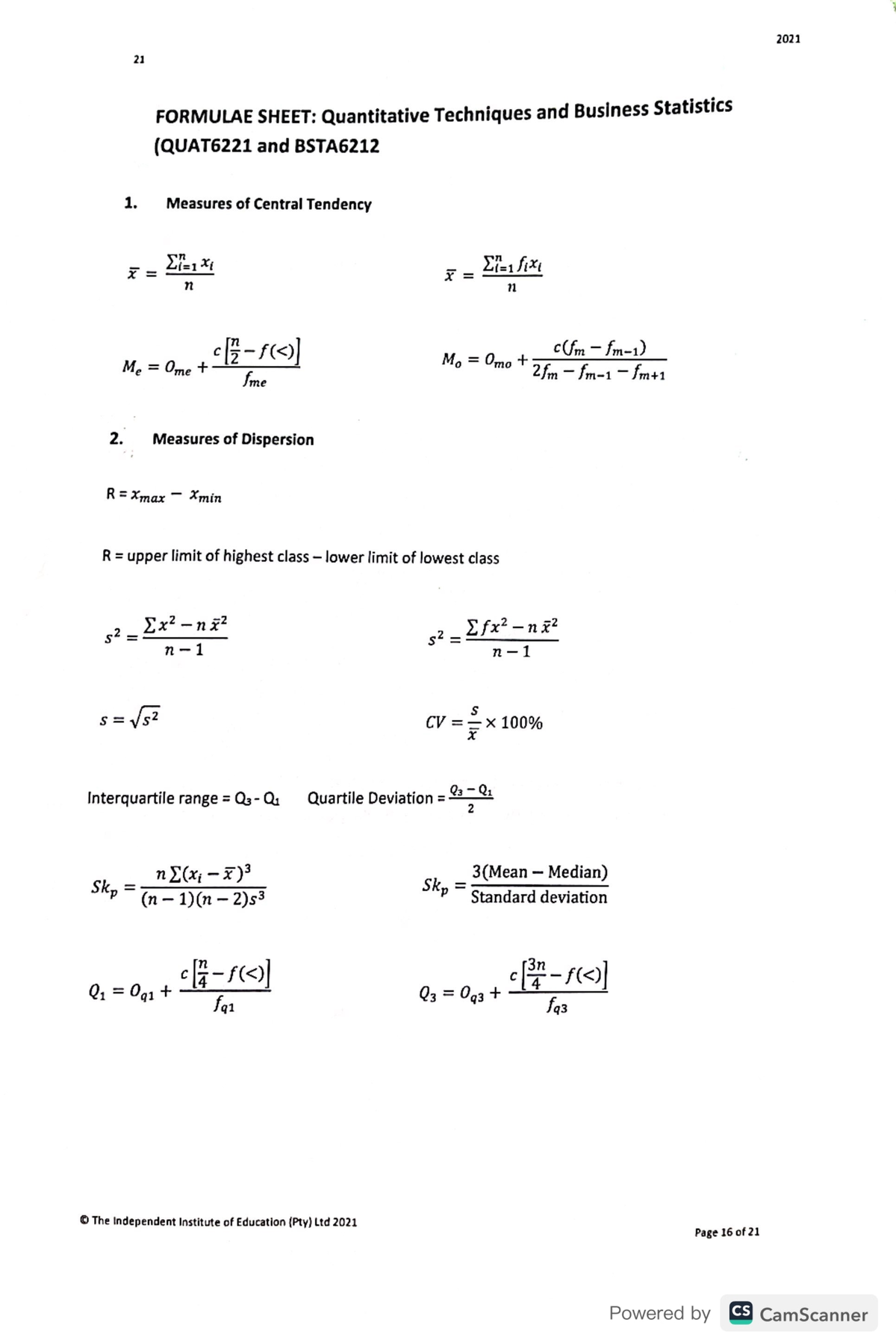 QUAT6221 Formula Sheet - 2021 21 FORMULAE SHEET: Quantitative Techniques and Business Statistics ...