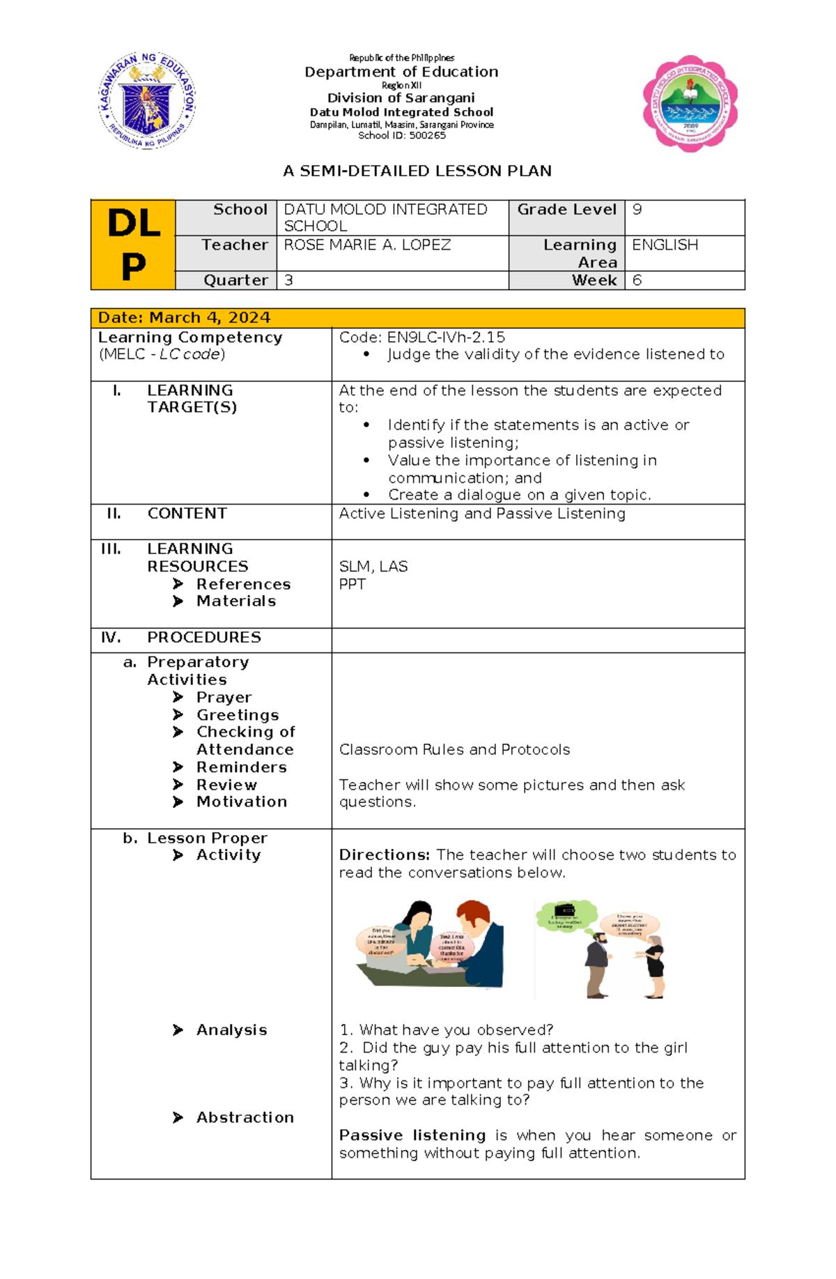 Active AND Passive - A SEMI-DETAILED LESSON PLAN DL P School DATU MOLOD ...