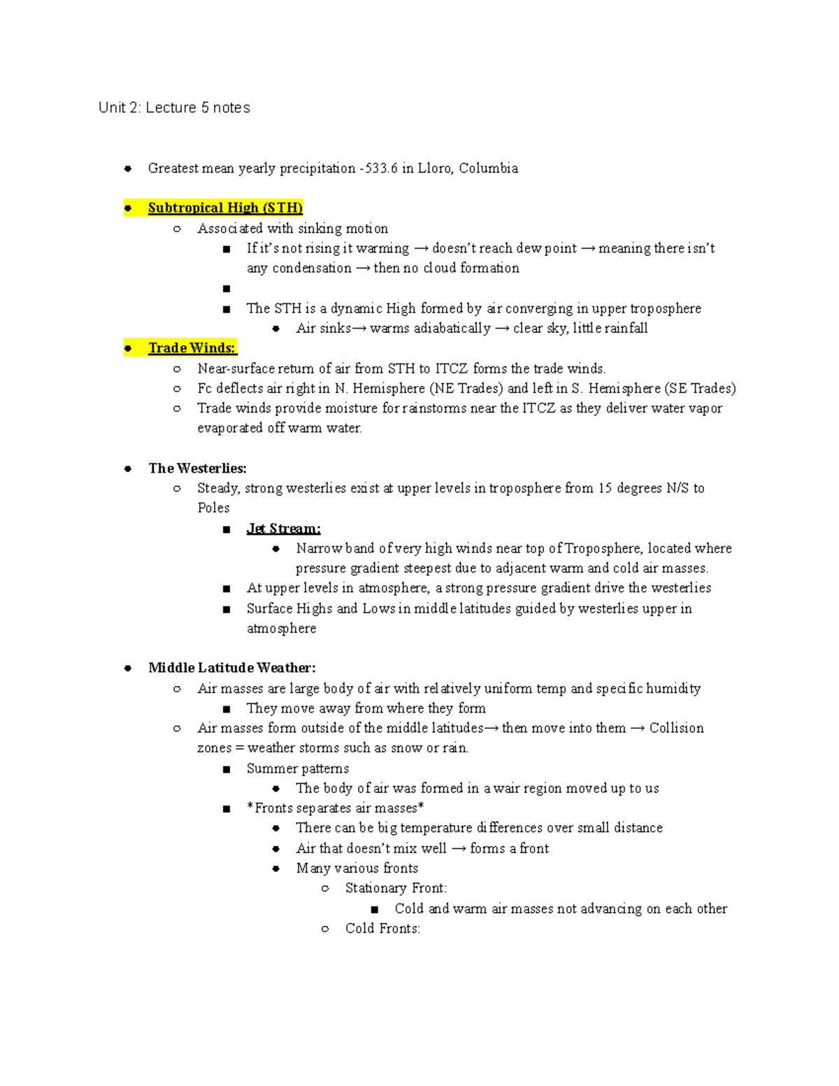 ESC 101 Unit 2 Lecture 5 - Discusses trade winds, middle latitude winds and subtropical high ...