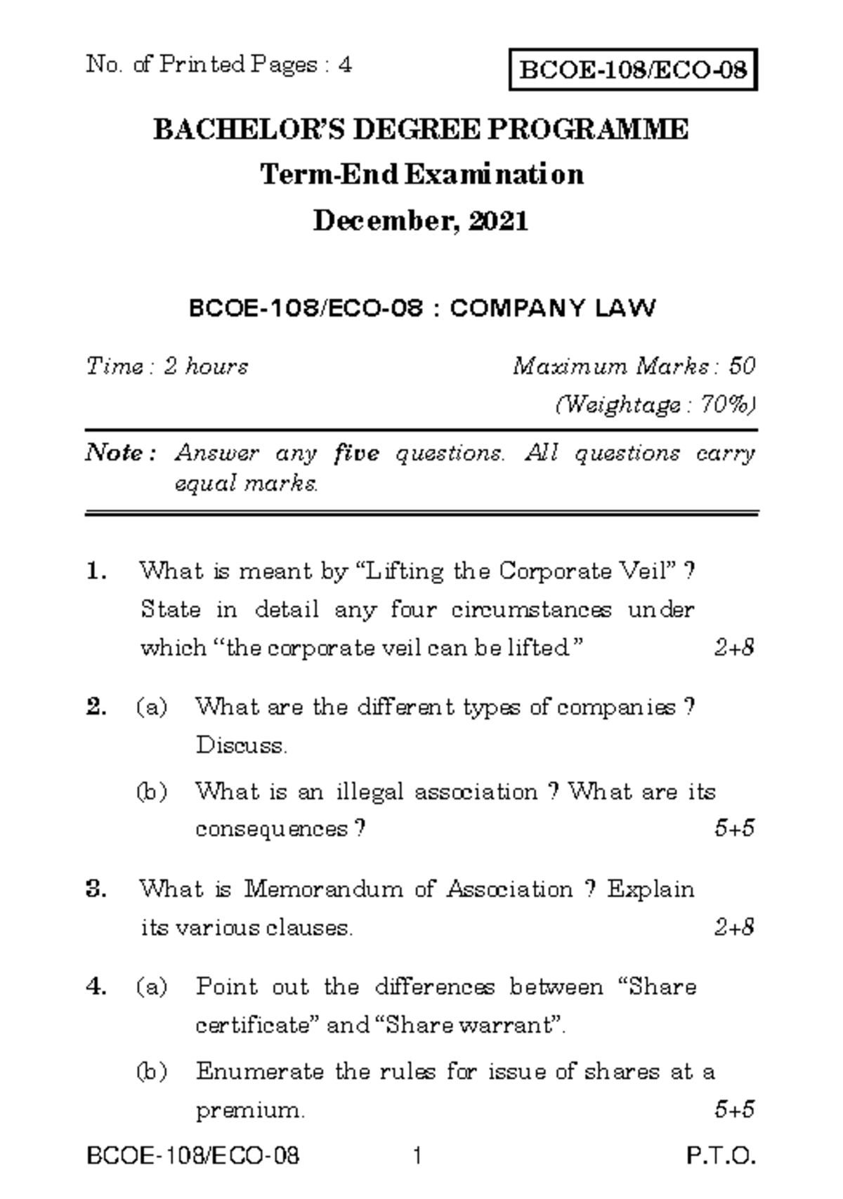 BCOE-108 - COMMERCE MODEL PAPERS - BCOE-108/ECO-08 1 P.T. BCOE-108/ECO ...