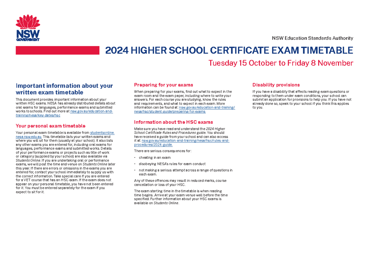 2024 HSC Written Exam Timetable - 2024 HIGHER SCHOOL CERTIFICATE EXAM ...
