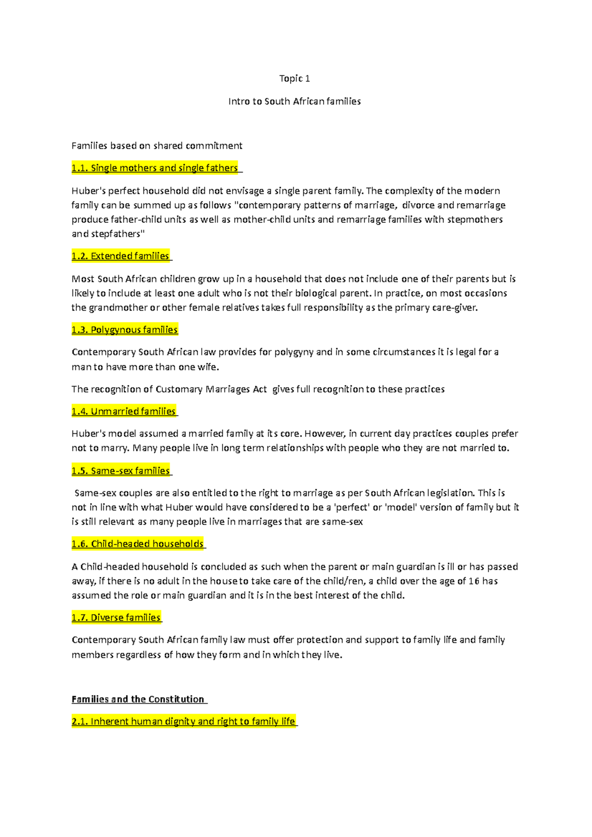 Family law topic 1-5 summary notes - Topic 1 Intro to South African ...