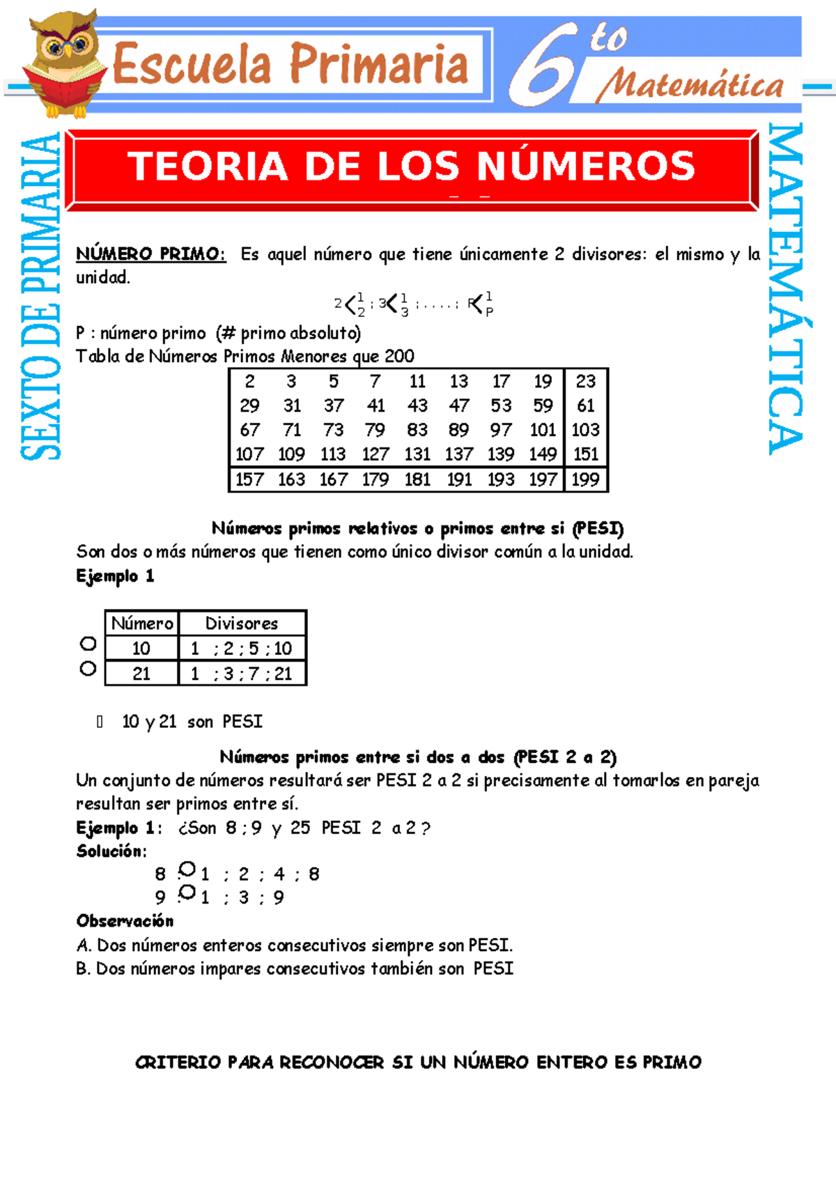 Teoria de Los Numeros Primos para Sexto de Primaria - de Primaria ...