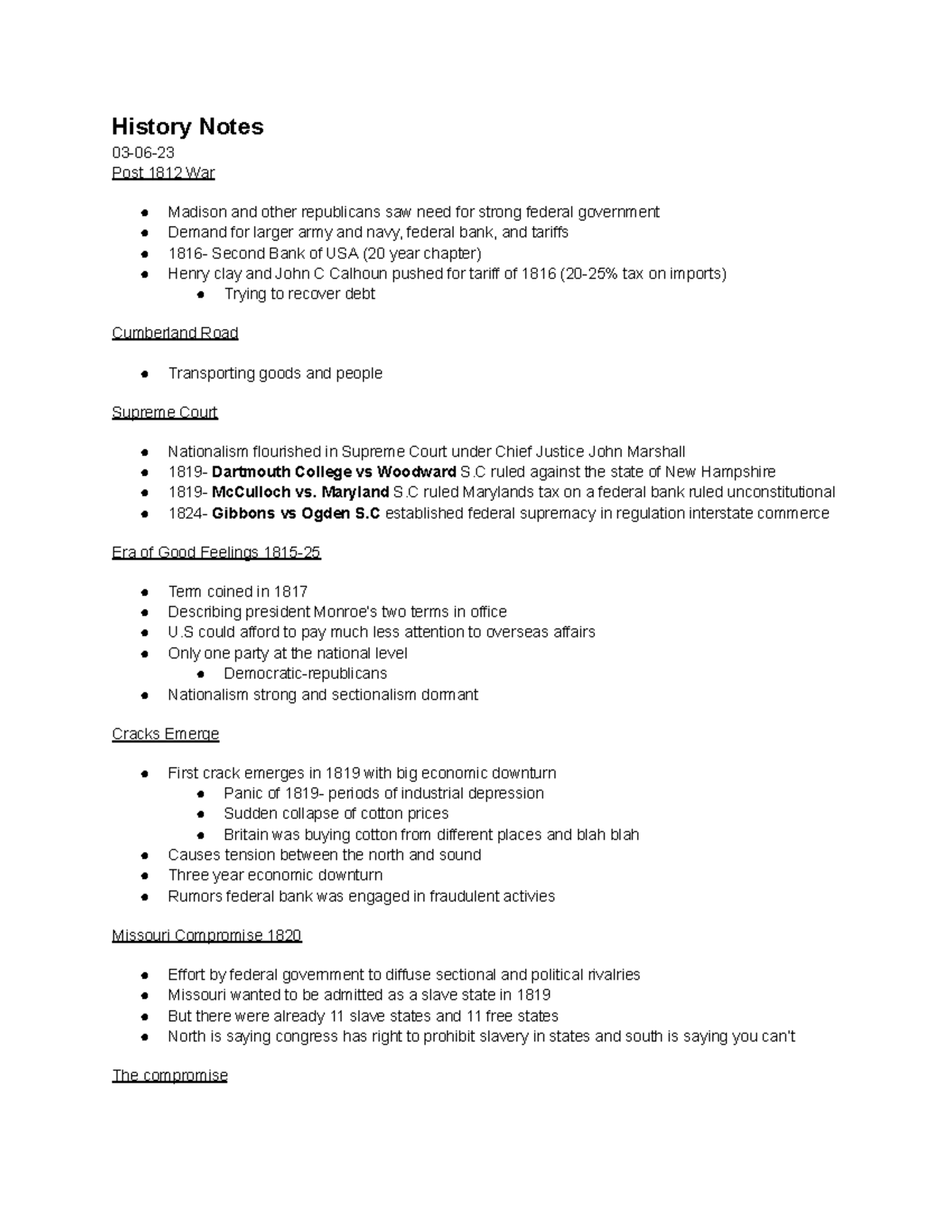 History Notes 1 - exam 3 material - History Notes 03-06- Post 1812 War ...