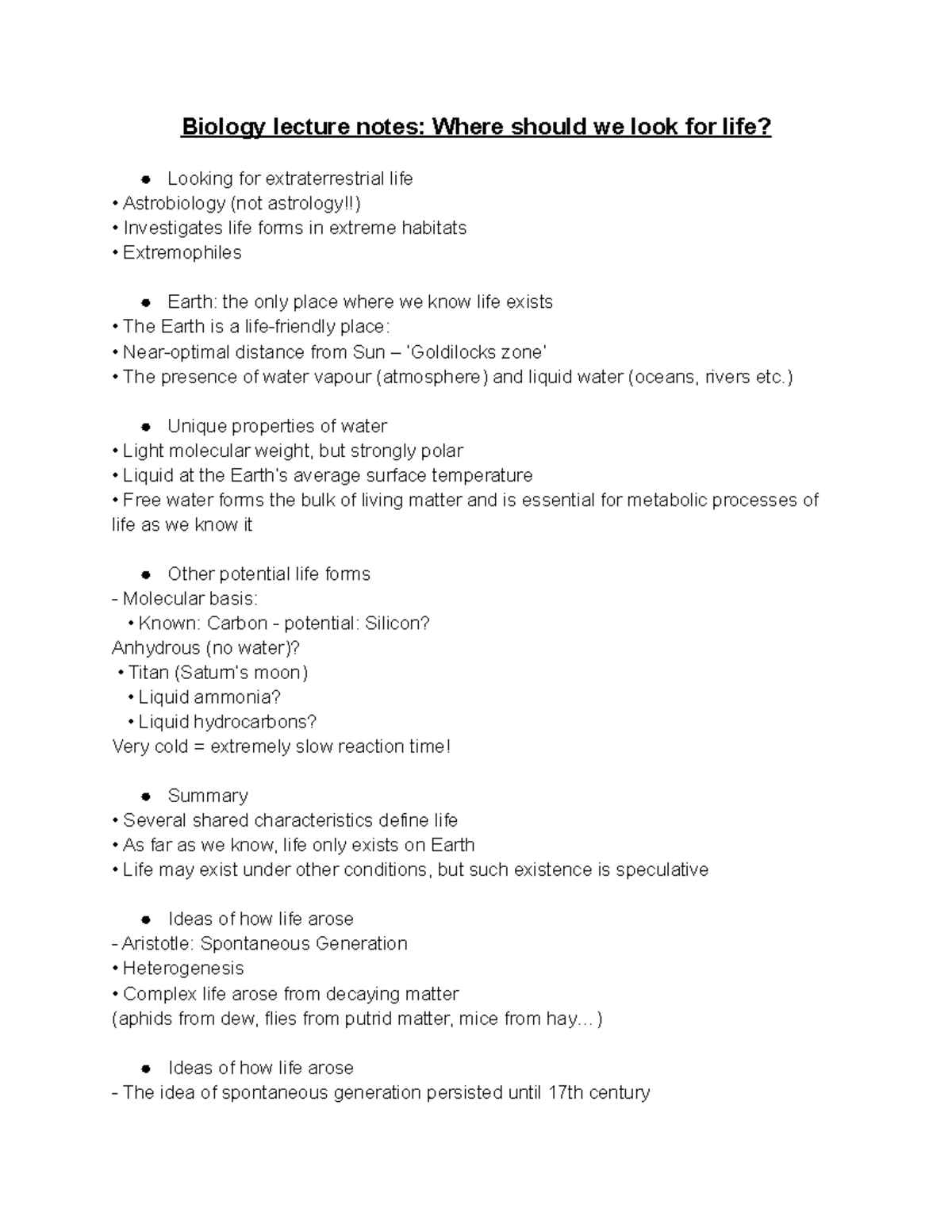 Biology lecture notes Where should we look for life - ) Unique ...