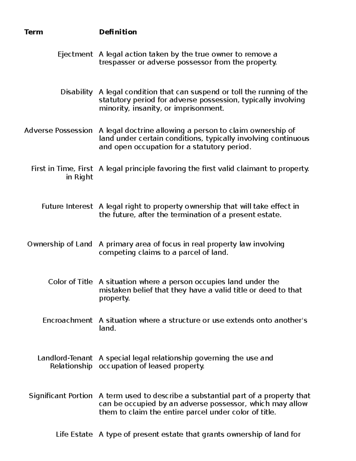 Term RP part II - n/a - Term Definition Ejectment A legal action taken ...