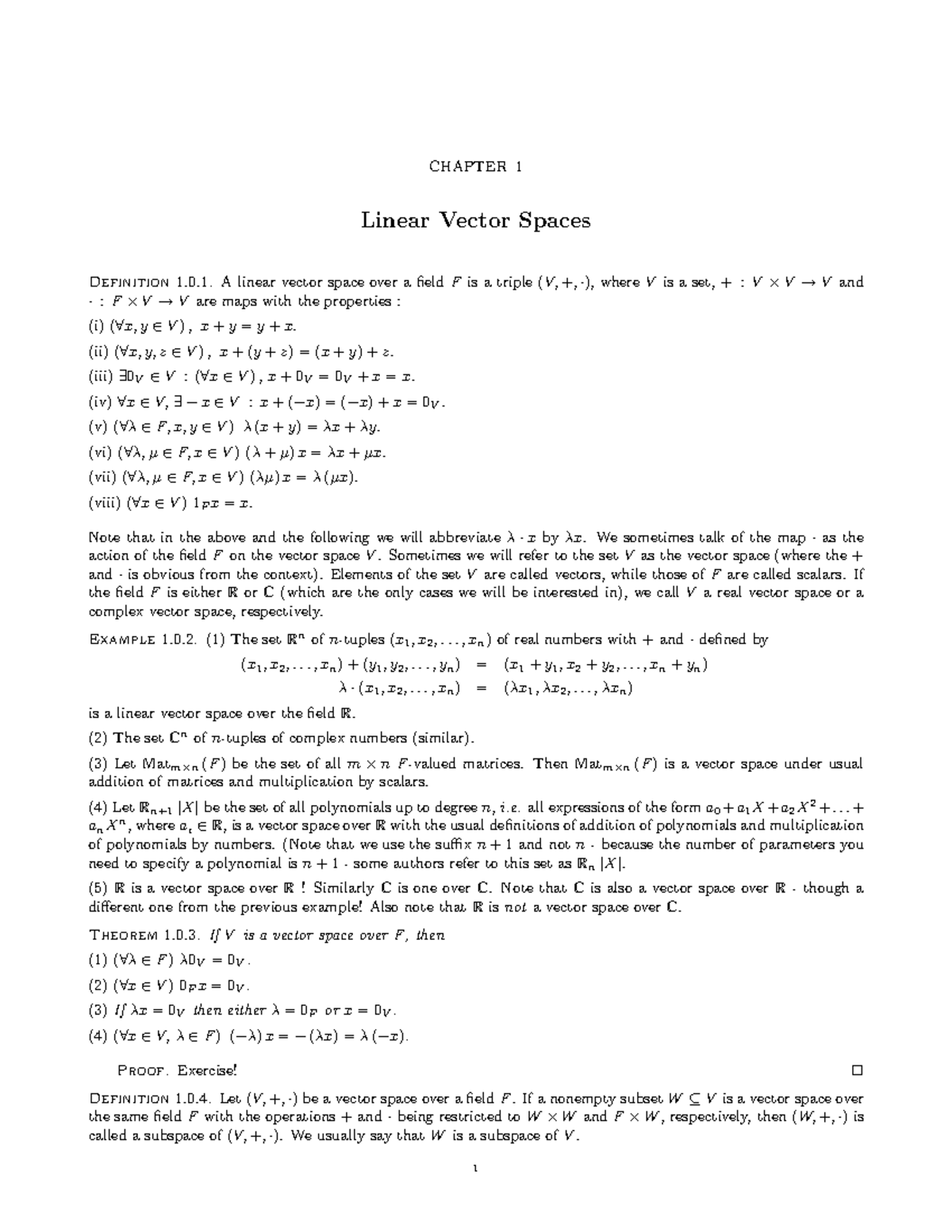 Ma121notes Dfdf Chapter 1 Linear Vector Spaces Definition 1 A Linear Vector Space Over A