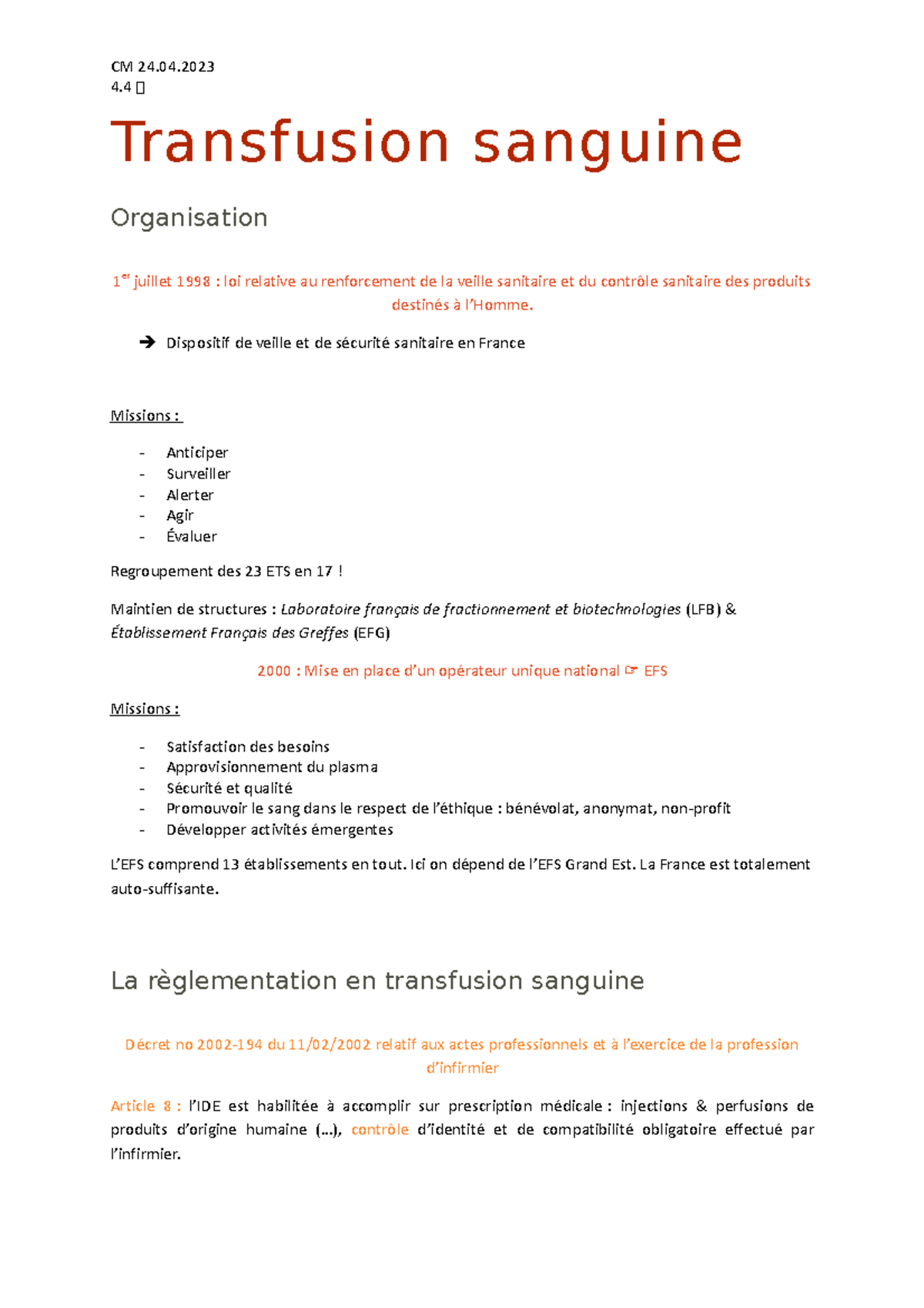 CM Transfusion sanguine 1 - 4 🠀 Transfusion sanguine Organisation 1 er ...
