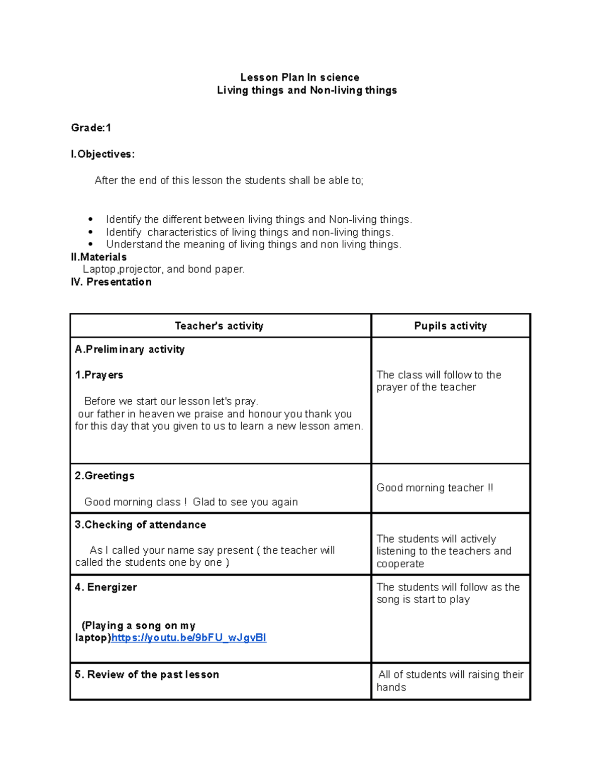Lesson Plan - dlp - Lesson Plan In science Living things and Non-living ...
