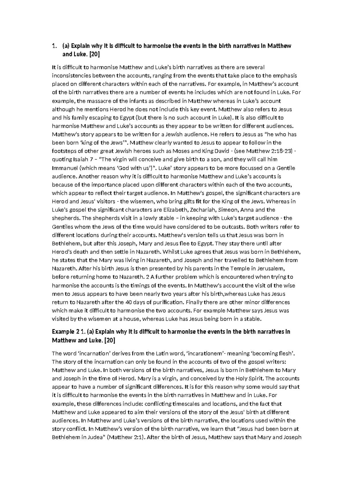 Harmonising the Birth Narratives of Matthew and Luke - (a) Explain why ...