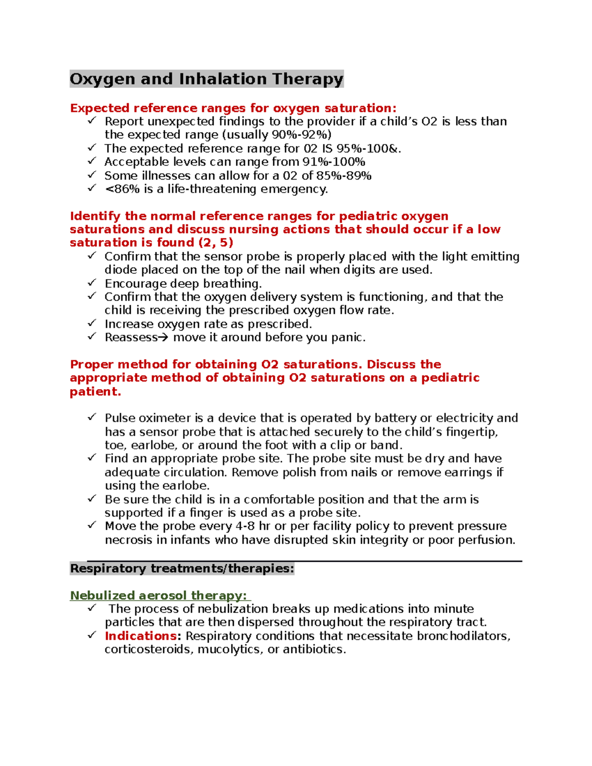 Pediatrics theory study guide test 2 - Oxygen and Inhalation Therapy ...