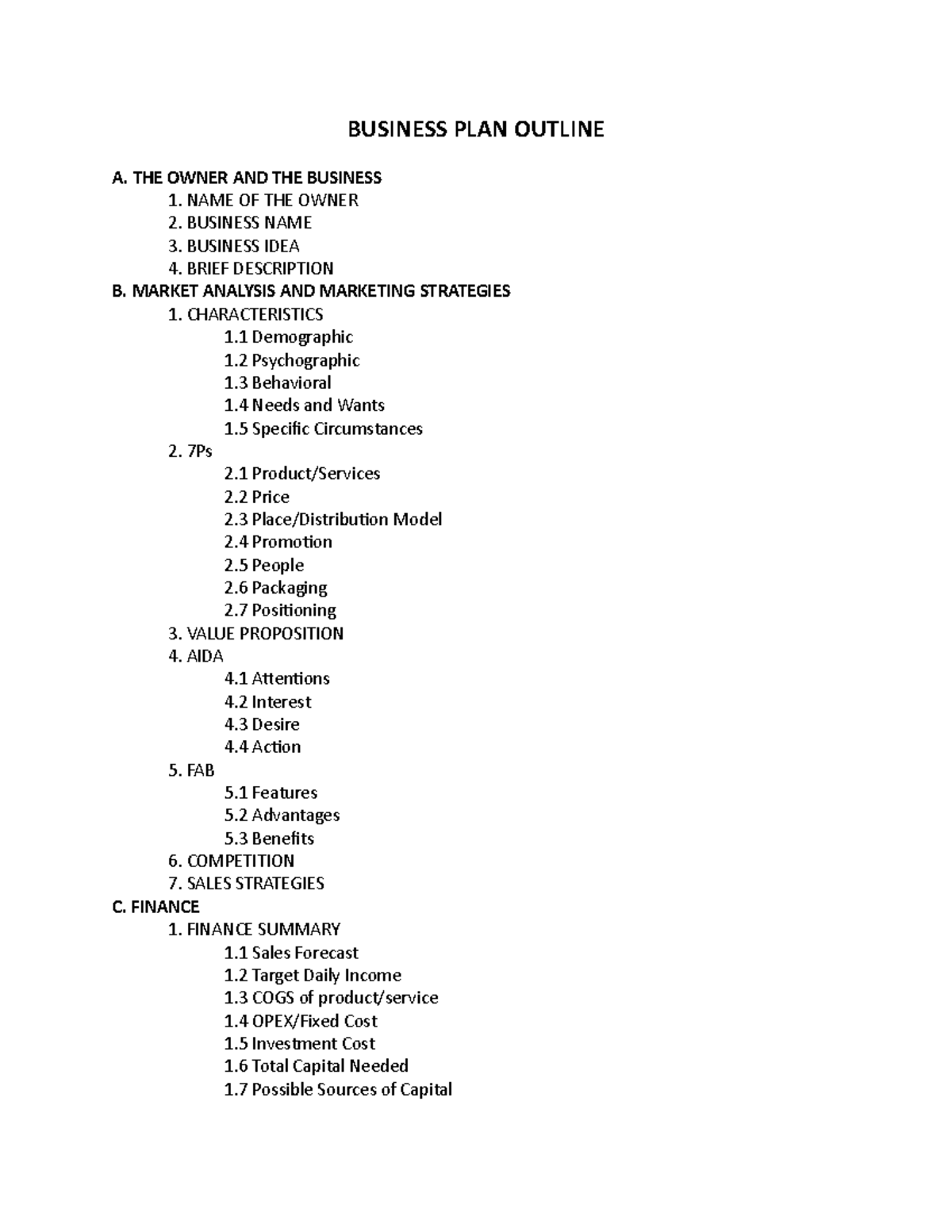 Business-PLAN- Outline - BUSINESS PLAN OUTLINE A. THE OWNER AND THE ...