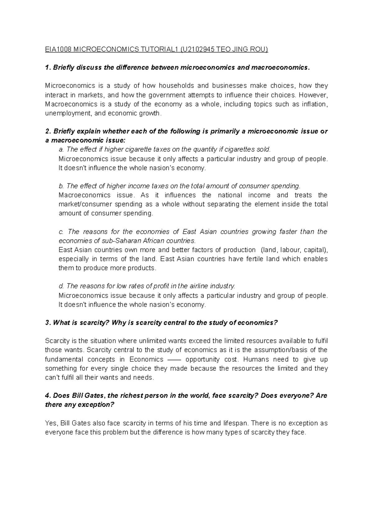 Micro I Tutorial 1 - EIA1008 MICROECONOMICS TUTORIAL1 (U2102945 TEO ...