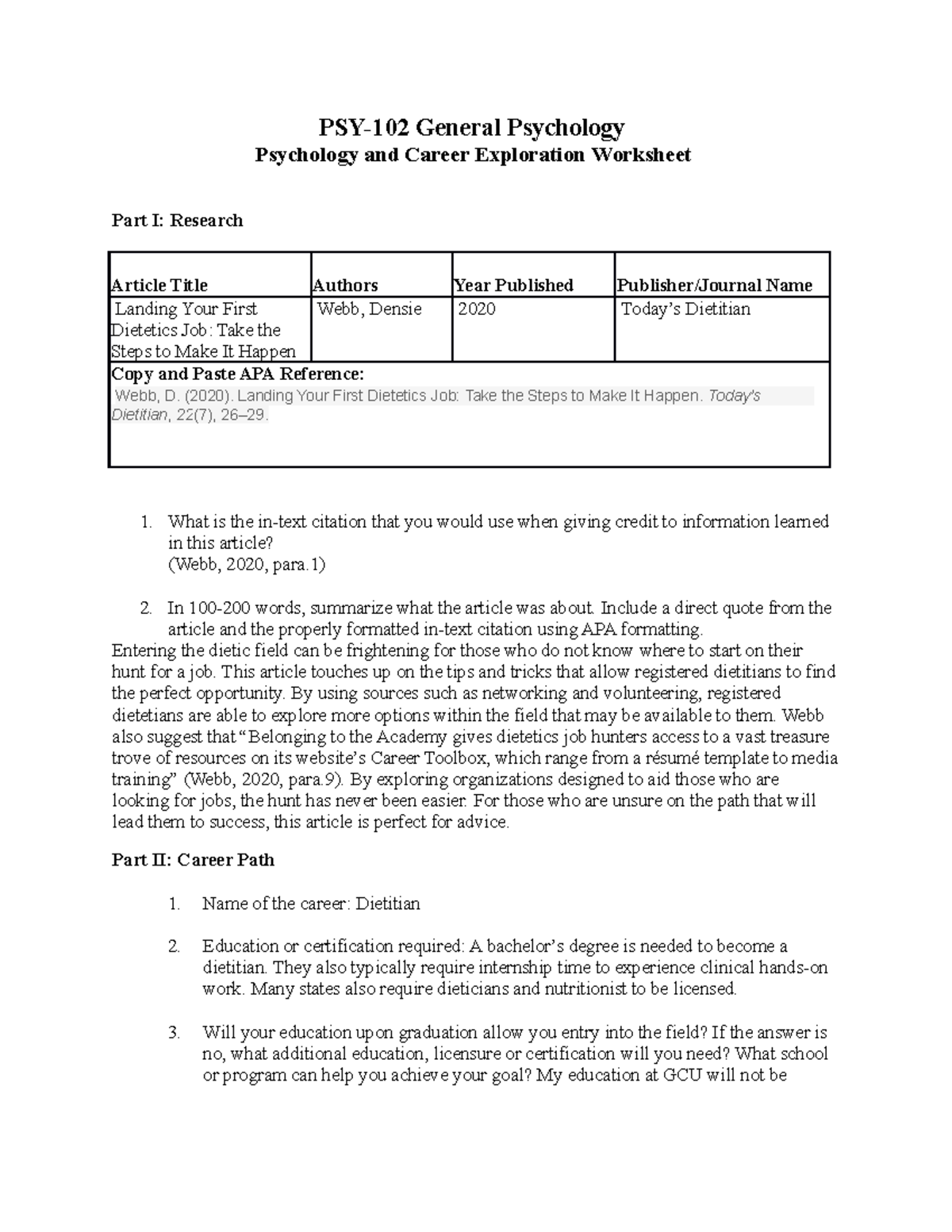 Template- Psychologyand Career Exploration Worksheet - PSY-102 General ...