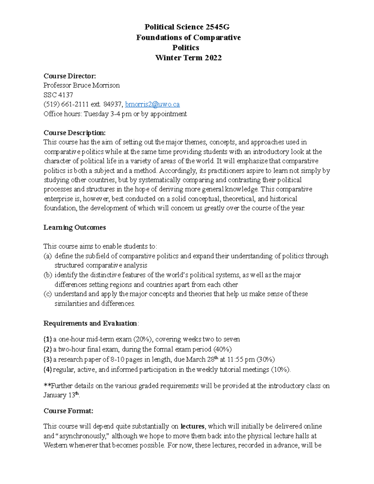 Comparative Politics 2545 G 2022 Final Version - Political Science 2545G Foundations of ...