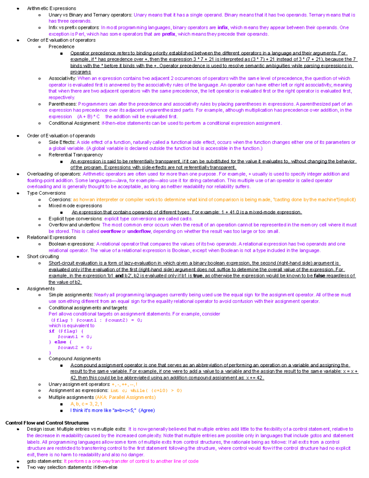 Final Study Guide - Arithmetic Expressions Unary vs Binary and Ternary ...