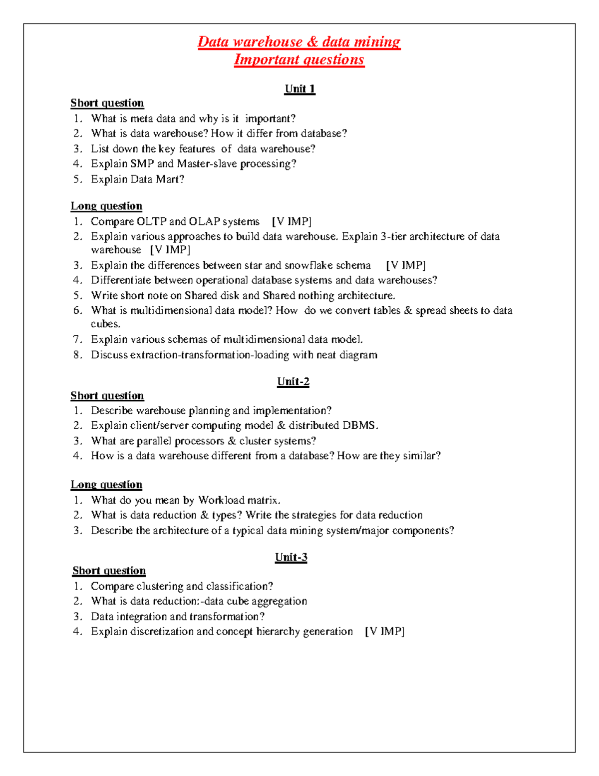Data warehouse imp - Short question Data warehouse & data mining Important questions Unit 1 What ...