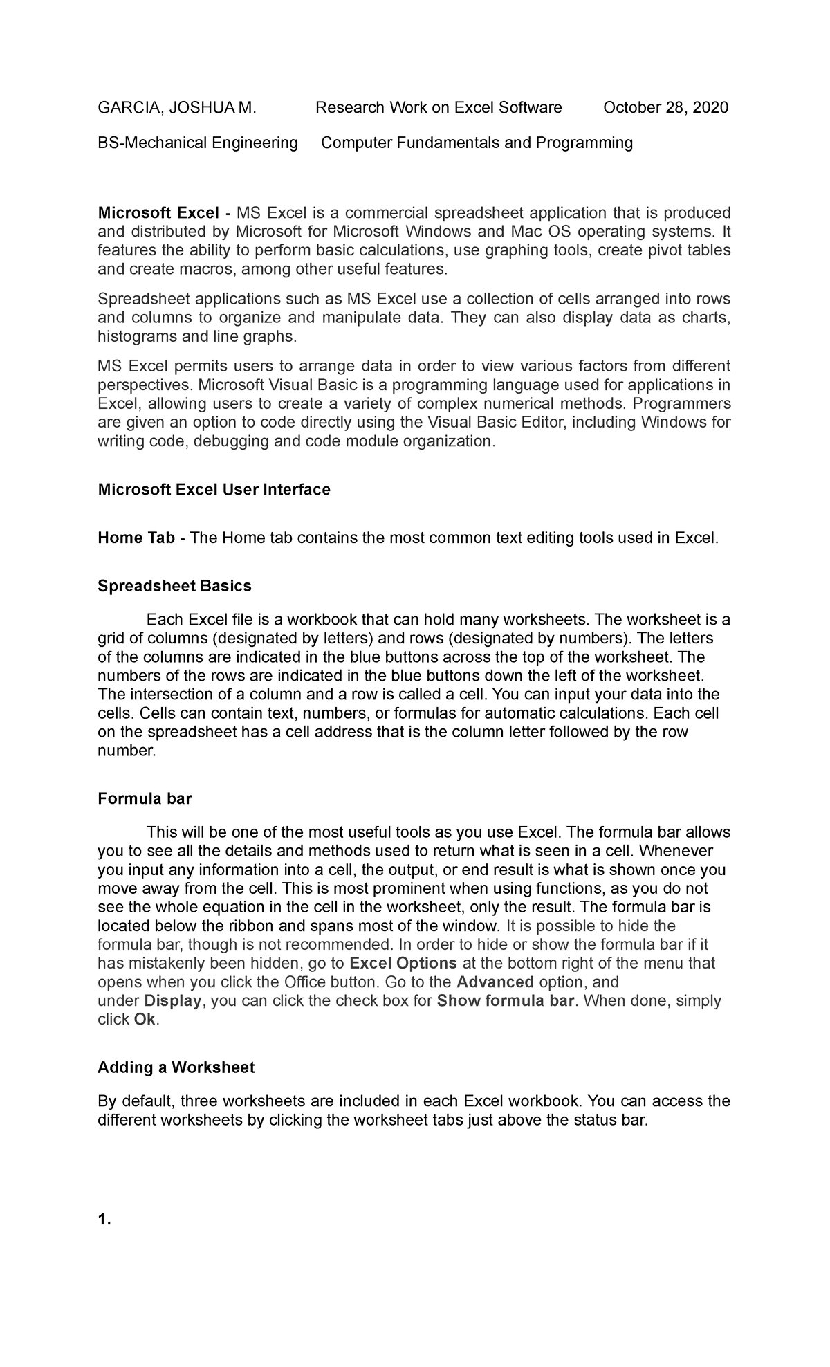 Garcia, Joshua Excel Research WORK - Computer Fundamentals and Programming - PangSU - Studocu