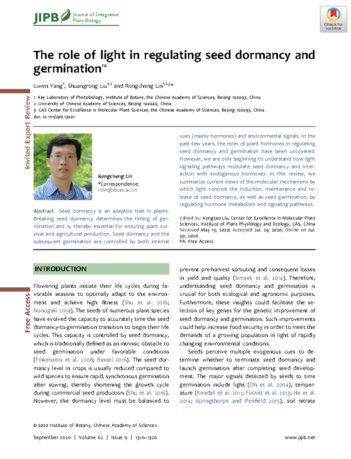 Yang2020 - GOOD - JIPB Journal of Integrative Plant Biology The role of light in regulating seed ...