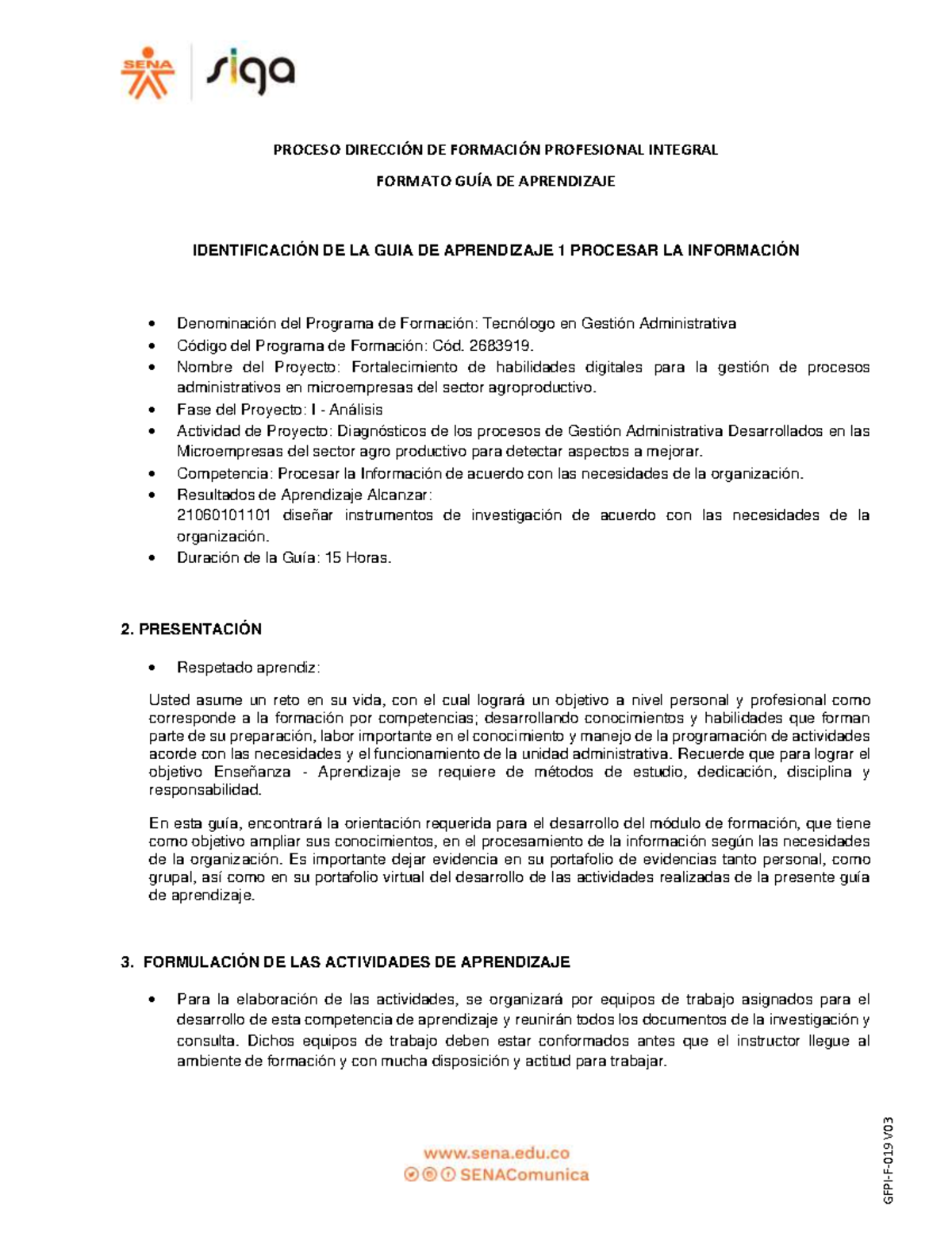 Guía 1 Procesar TGA Campesena - PROCESO DIRECCI”N DE FORMACI”N PROFESIONAL INTEGRAL FORMATO GUÕA ...