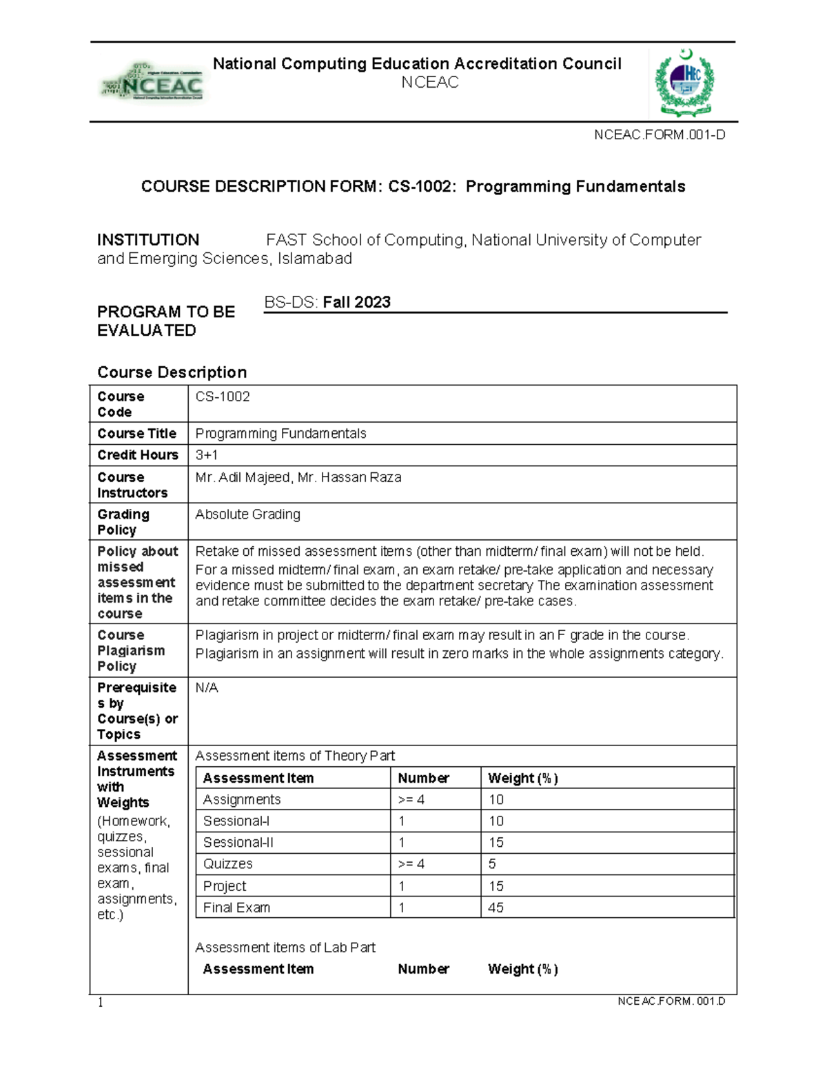 Course Outline - notes - NCEAC.FORM-D NCEAC COURSE DESCRIPTION FORM: CS ...