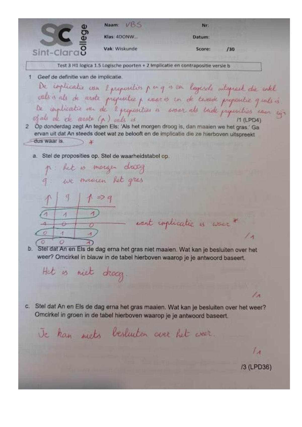 wiskunde 3. 1.5 + 2 VBS - Naam: VBS Nr: SC Klas: 4DONW Datum: Vak ...