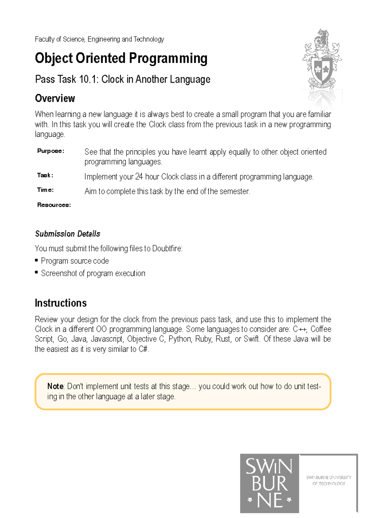Pass Task 10.1: Clock in Another Language - Faculty of Science, Engineering and Technology ...