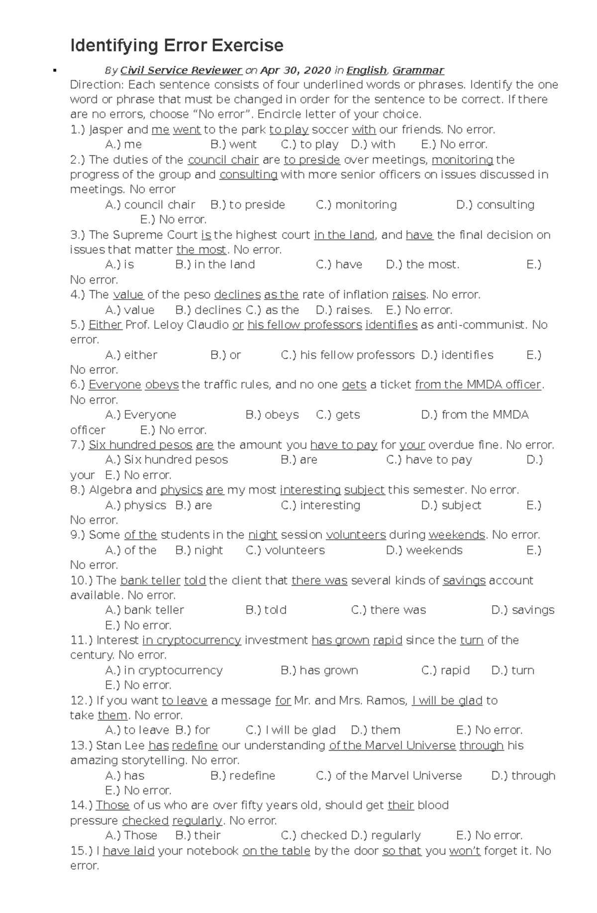 Identifying errors - Identify the one word or phrase that must be ...