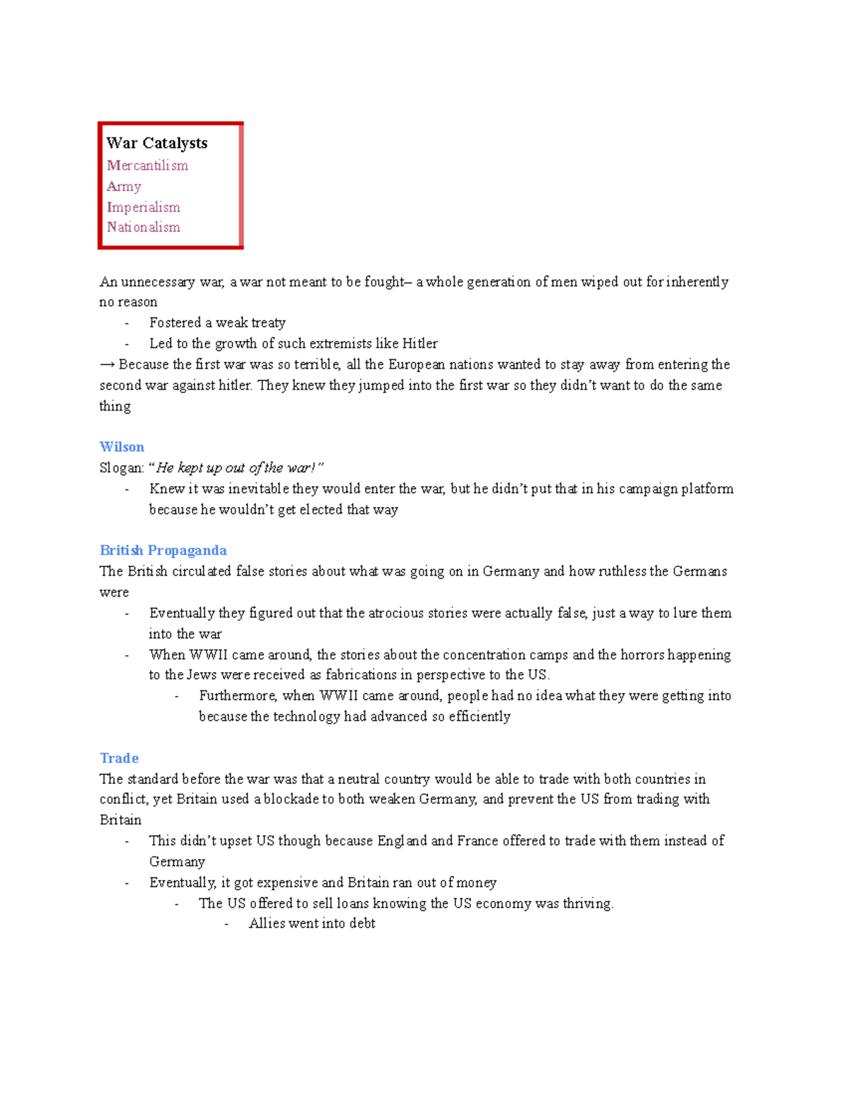 WWI Notes - War Catalysts Mercantilism Army Imperialism Nationalism An ...