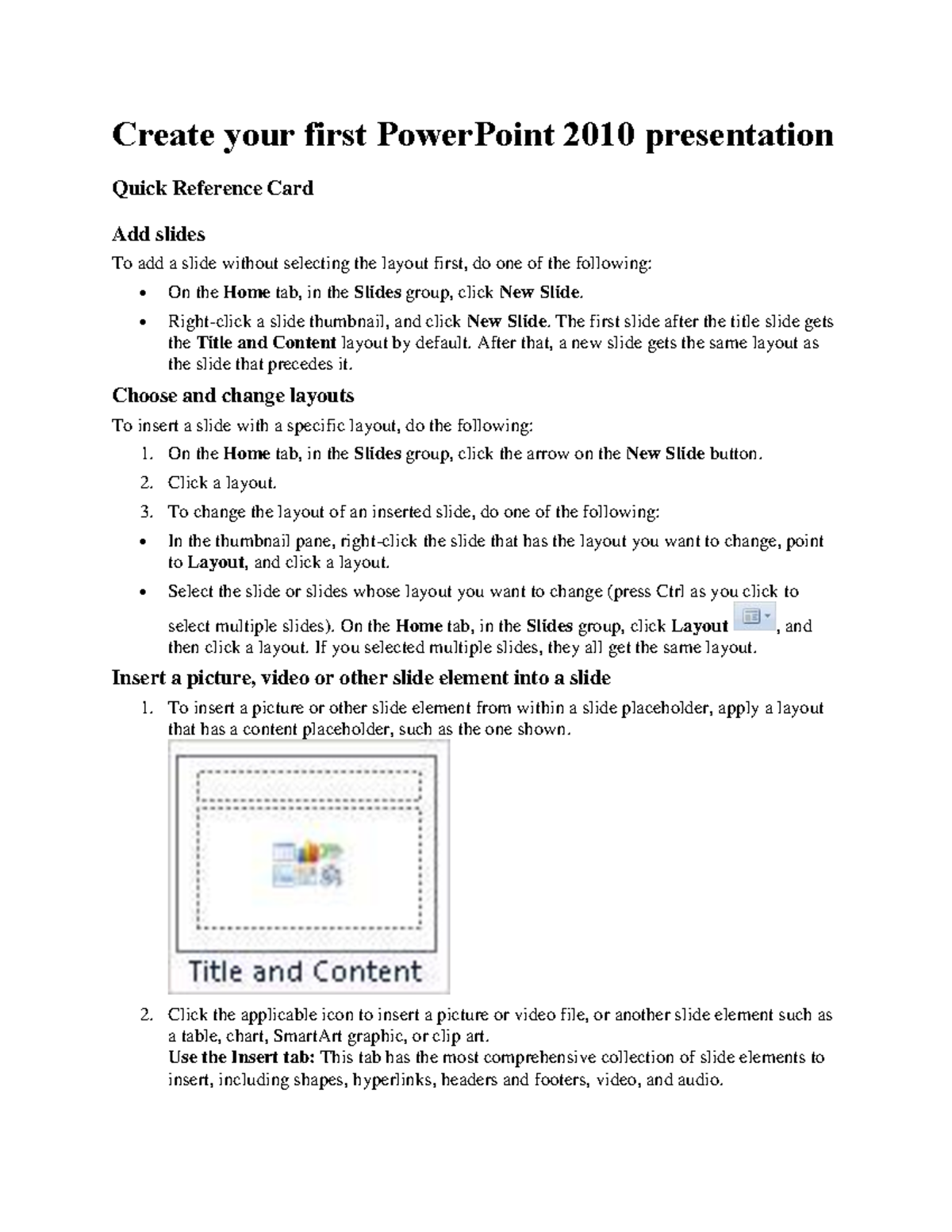 Power Point Module 3 Quick Reference Guide - Create your first PowerPoint 2010 presentation ...