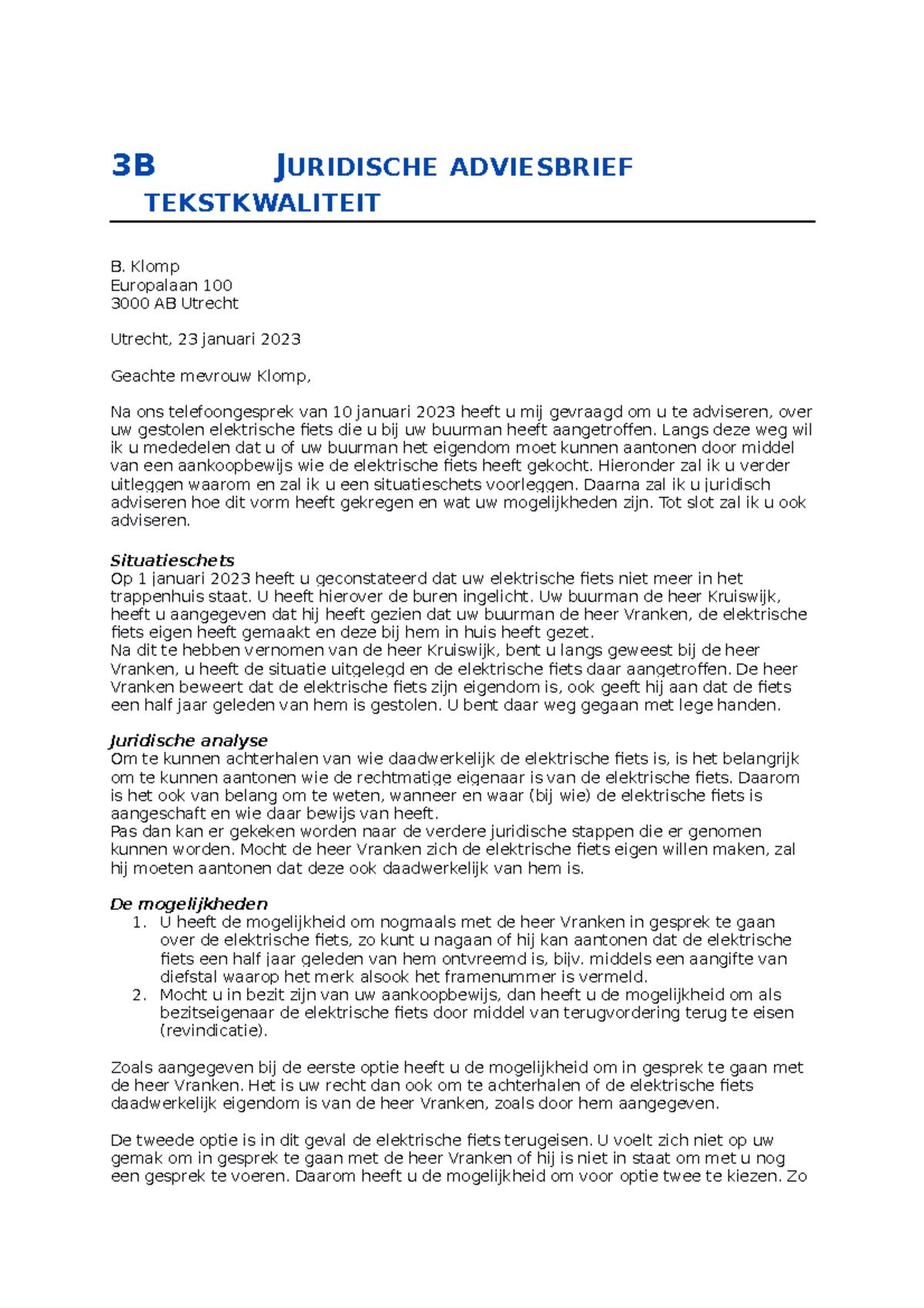 Juridische brief onderdeel van Portfolio WC - 3B JURIDISCHE ADVIESBRIEF ...