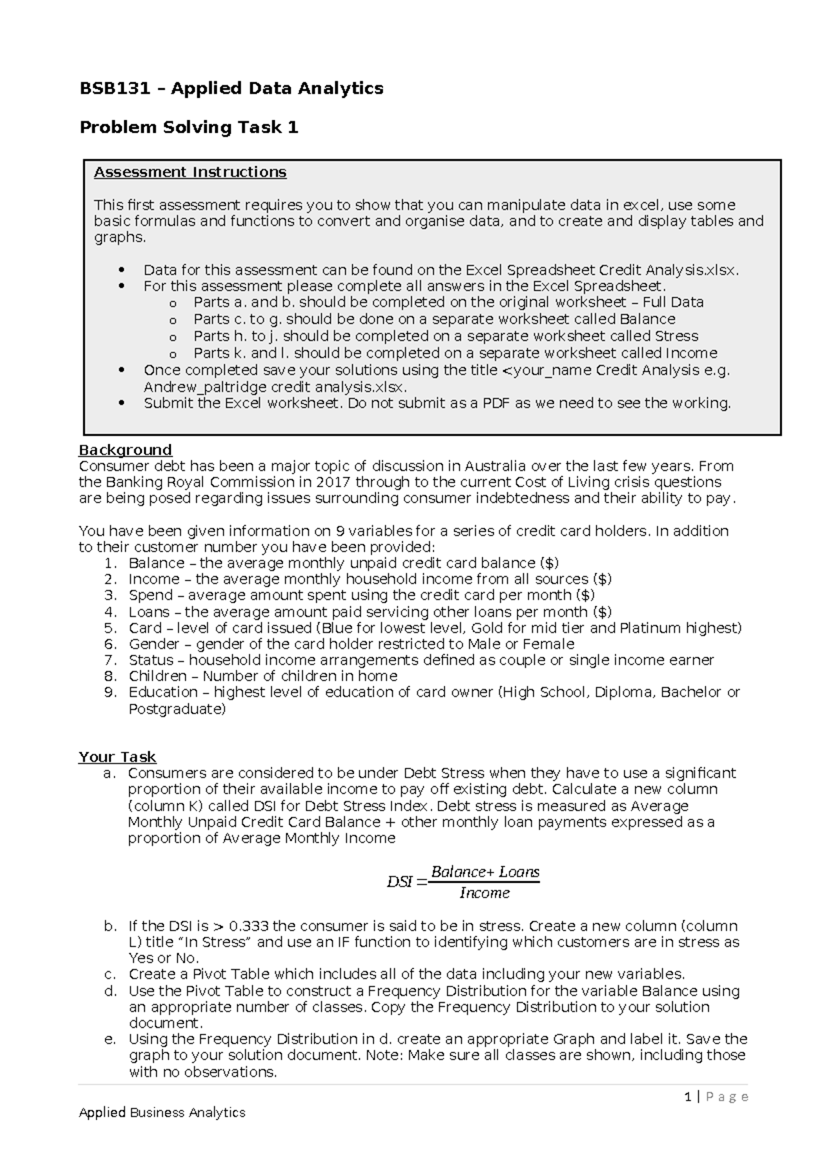 Problem Solving Task 1 2 Bsb131 Applied Data Analytics Problem Solving Task 1 Background