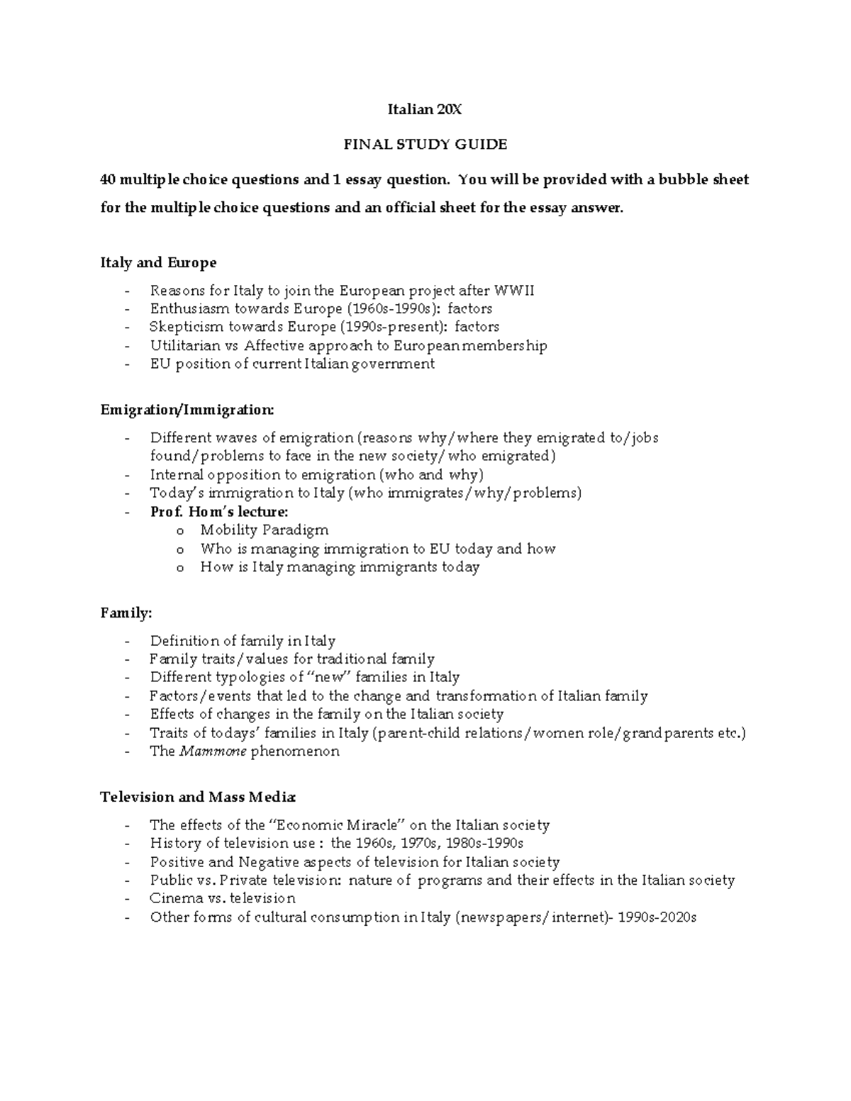 Final Study Guide - Italian 20X FINAL STUDY GUIDE 40 multiple choice ...