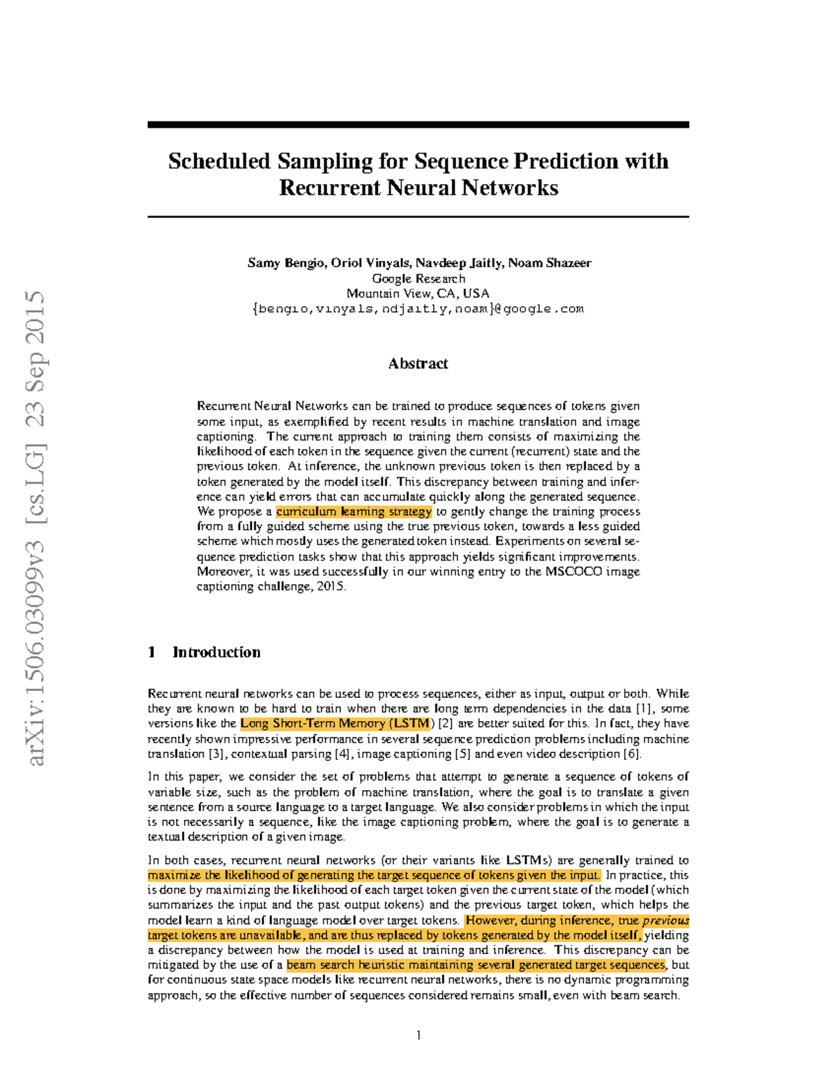 Scheduled Sampling For Sequence Prediction With Recurrent Neural Networks The Current Approach