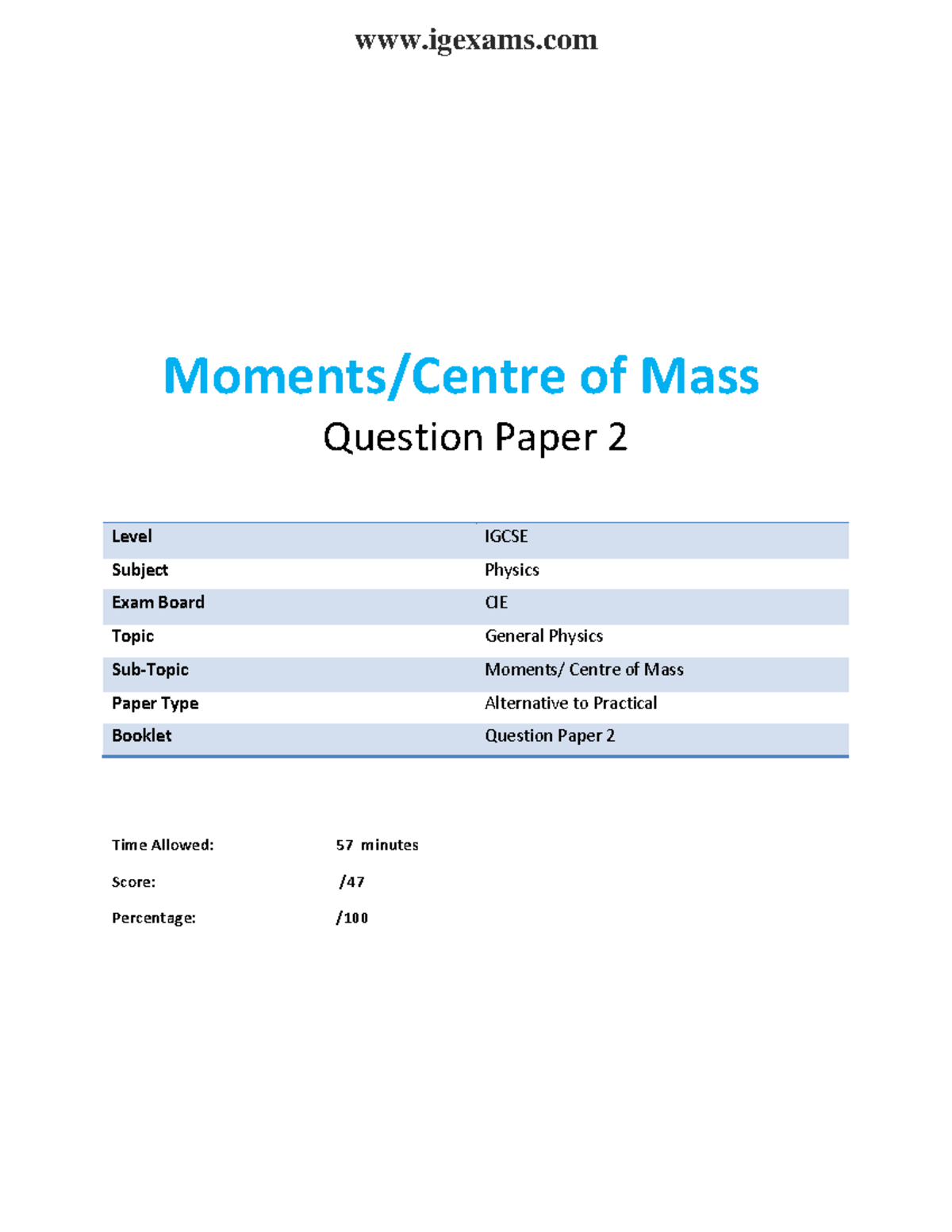154 - Practice - Moments/Centre of Mass Question Paper 2 Level IGCSE ...