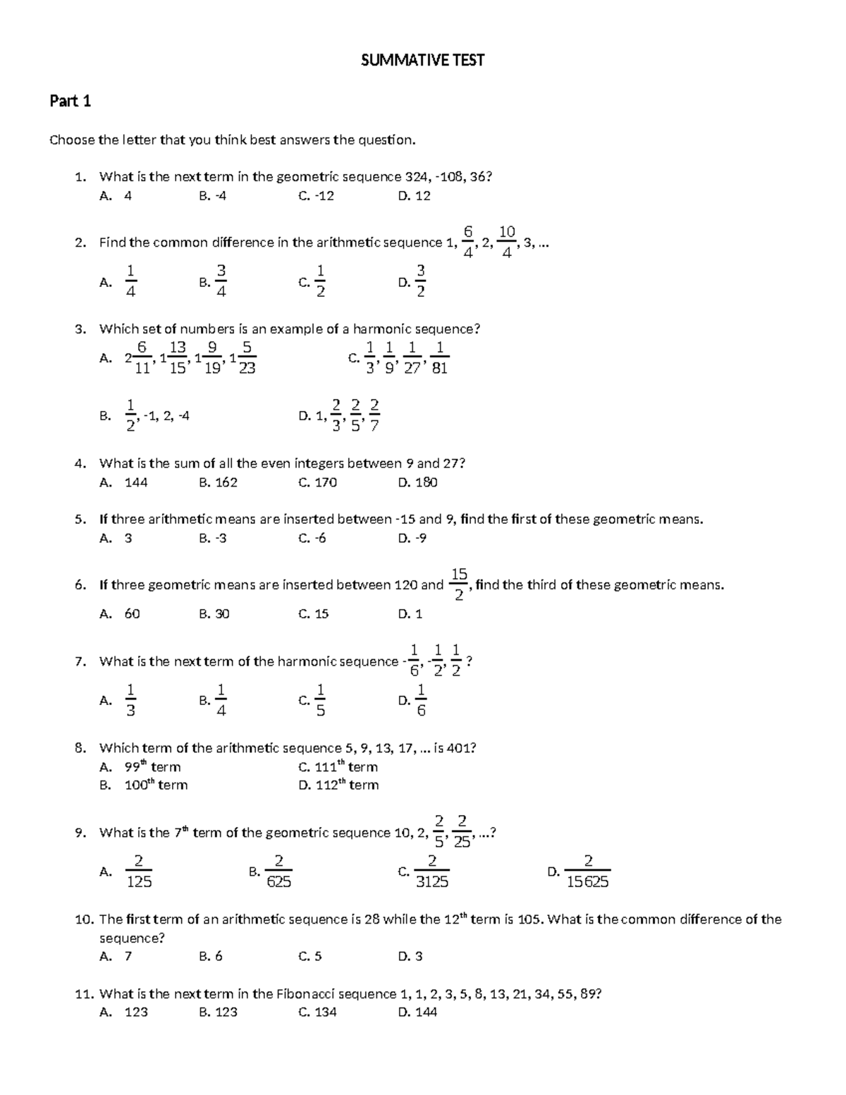 Geometric Sequence Quiz Summative Test Part 1 Choose The Letter That