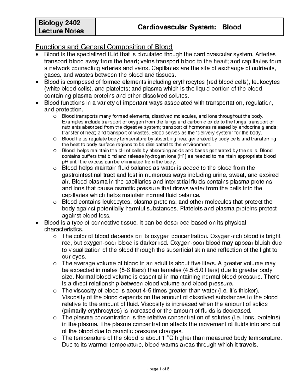 Biology 2402 - Ch. 18 - Cardiovascular System - Blood - Lecture Notes ...