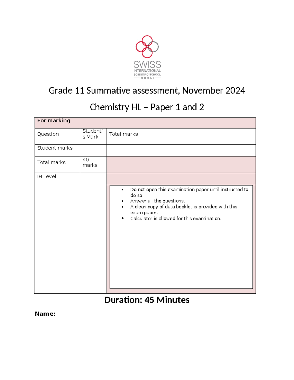 Grade 11 Summative assessment- higher - Grade 11 Summative assessment ...
