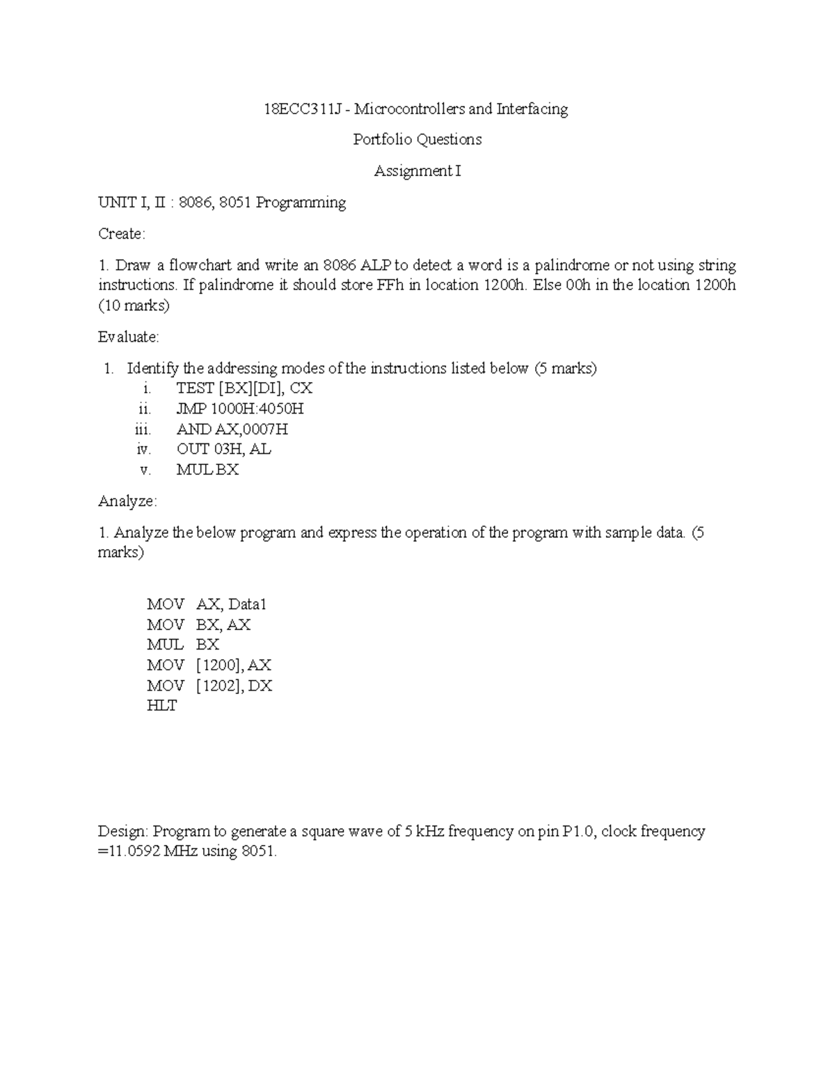 18ECC311J Assignment 1 Portfolio questions - 18ECC311J - Microcontrollers and Interfacing ...